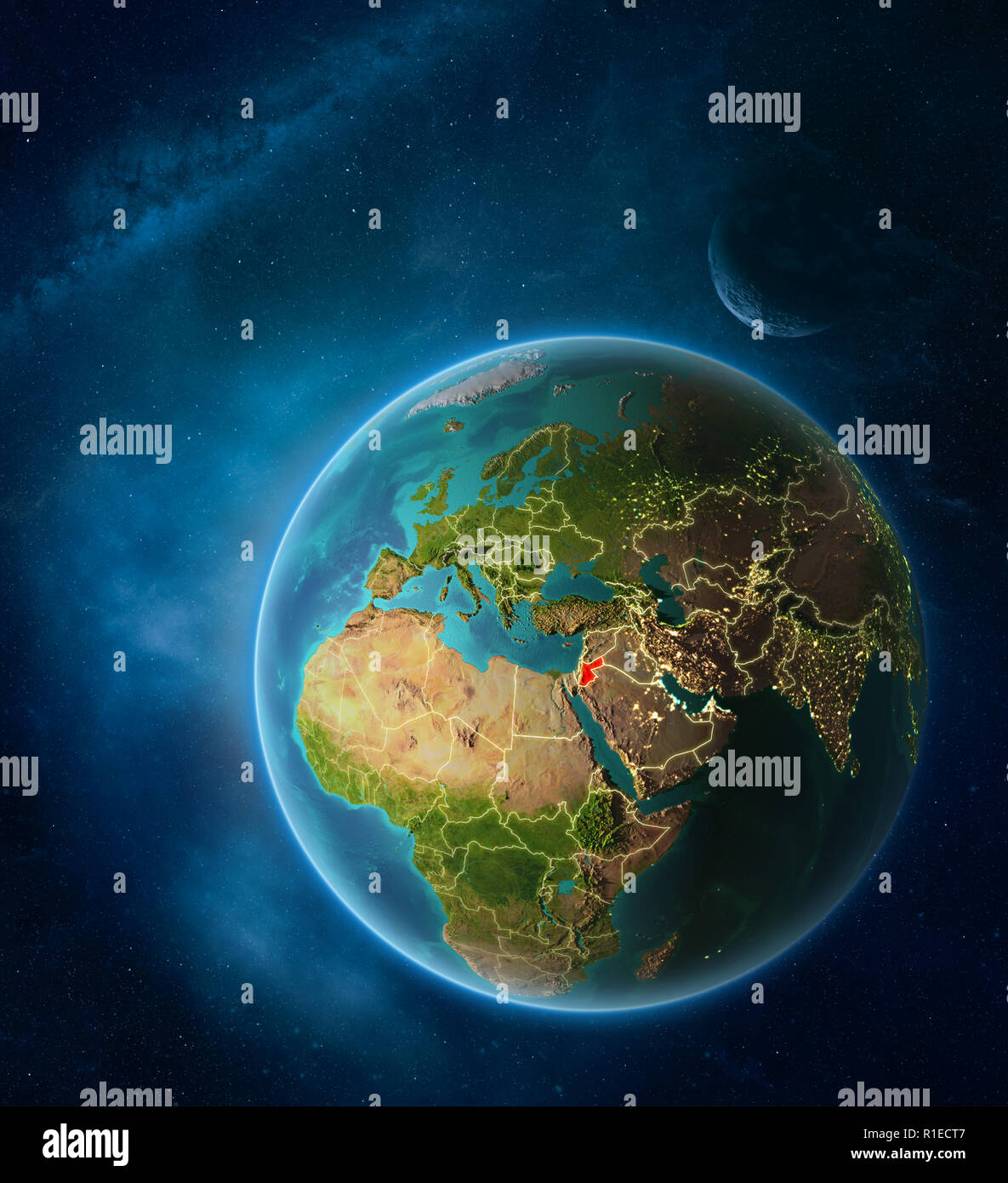 Planet Earth with highlighted Jordan in space with Moon and Milky Way ...