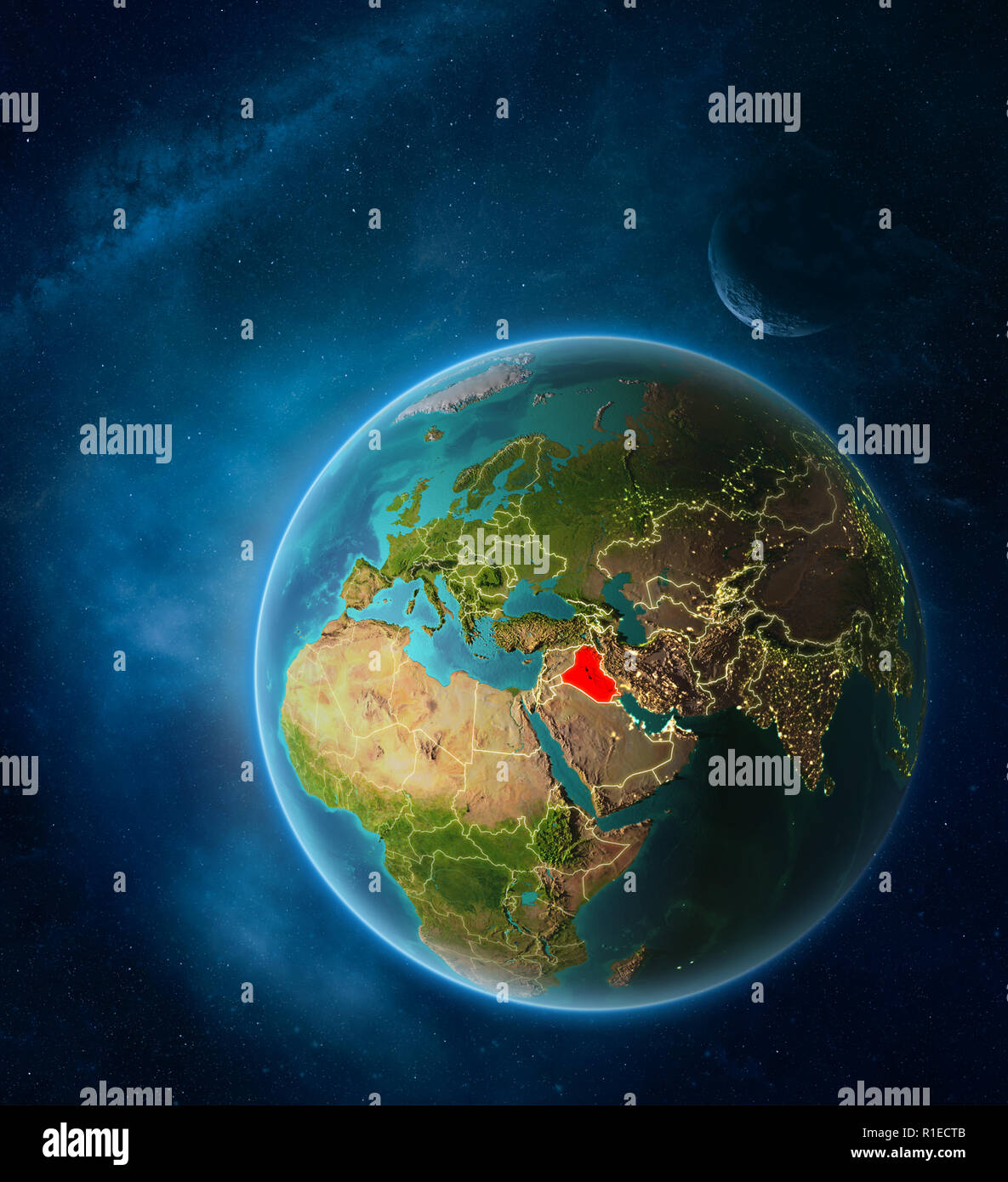 Planet Earth with highlighted Iraq in space with Moon and Milky Way ...