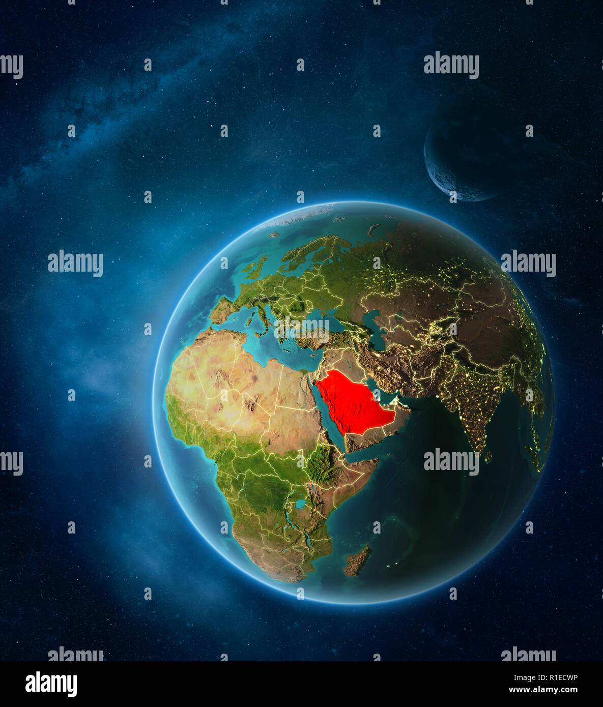 Planet Earth with highlighted Saudi Arabia in space with Moon and Milky ...