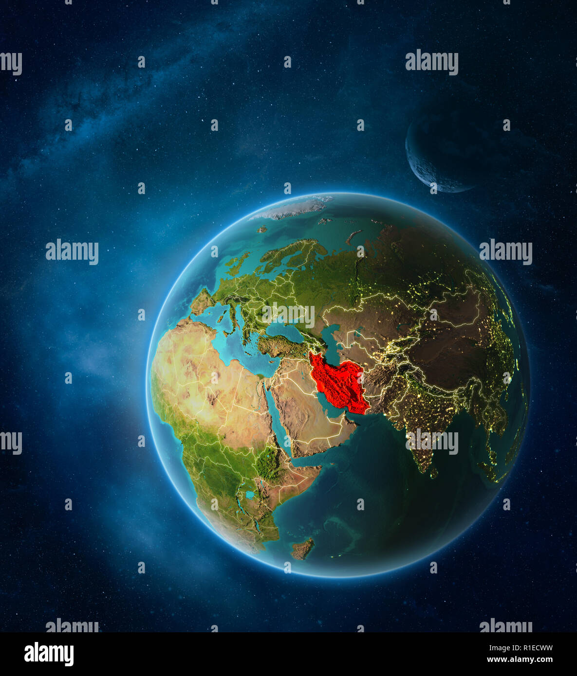 Planet Earth with highlighted Iran in space with Moon and Milky Way ...