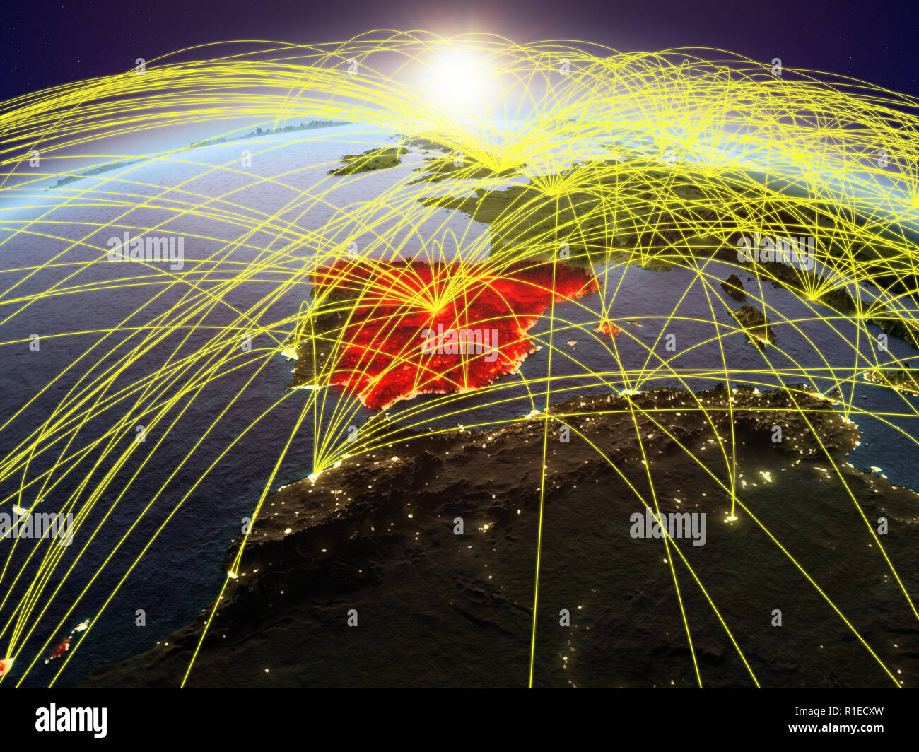 Spain on planet Earth during dawn with international network ...