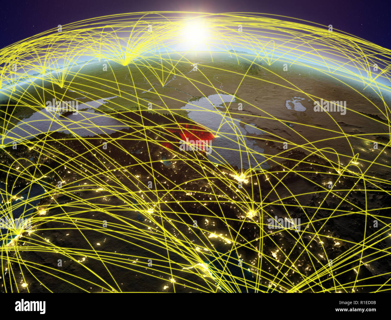 Azerbaijan on planet Earth during dawn with international network ...