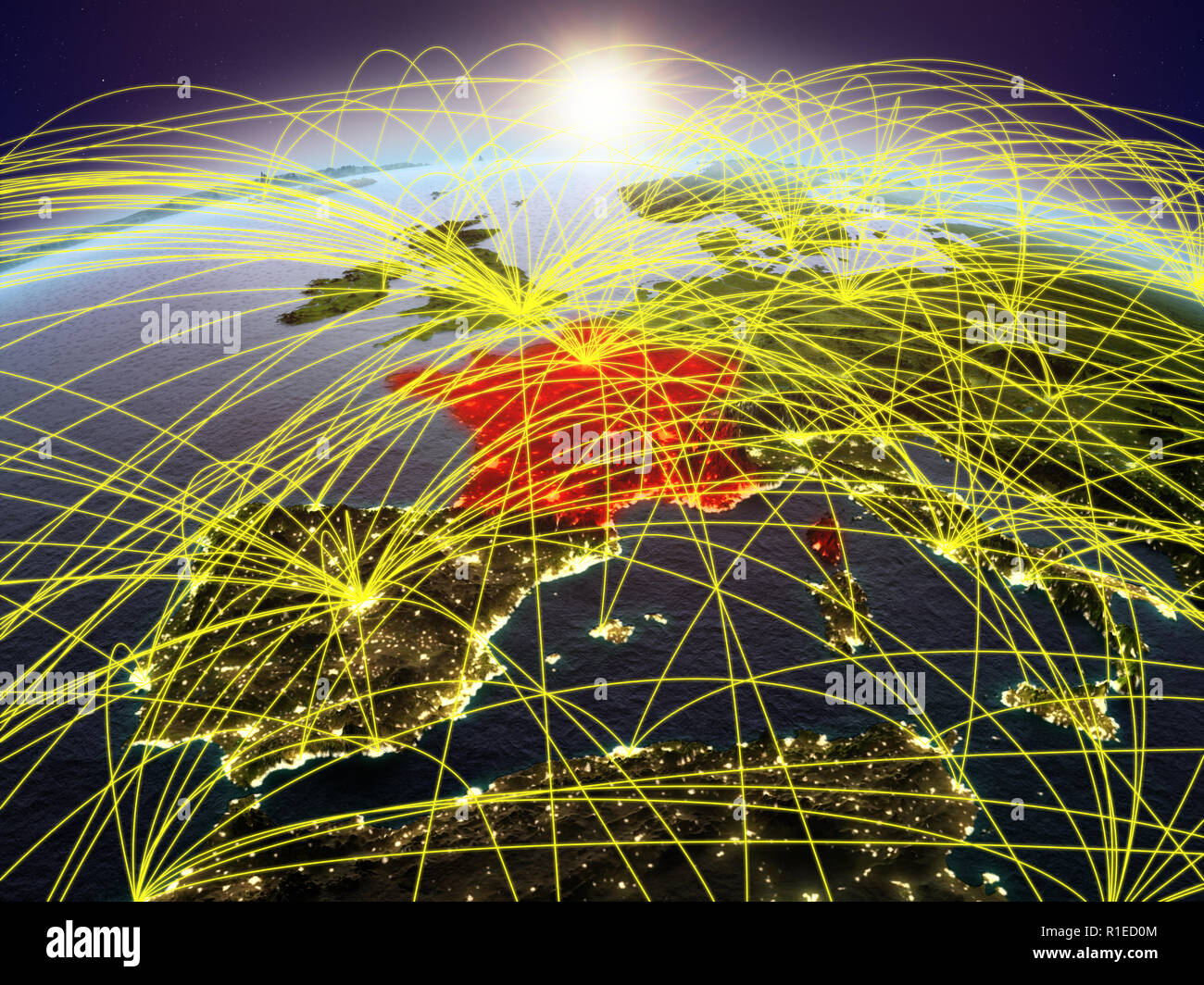 France on planet Earth during dawn with international network ...