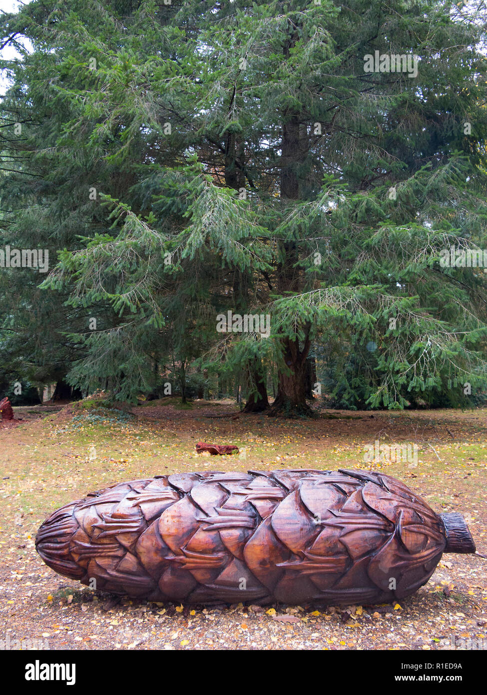 Pine cone sculpture in front of pine trees in the New Forest National ...