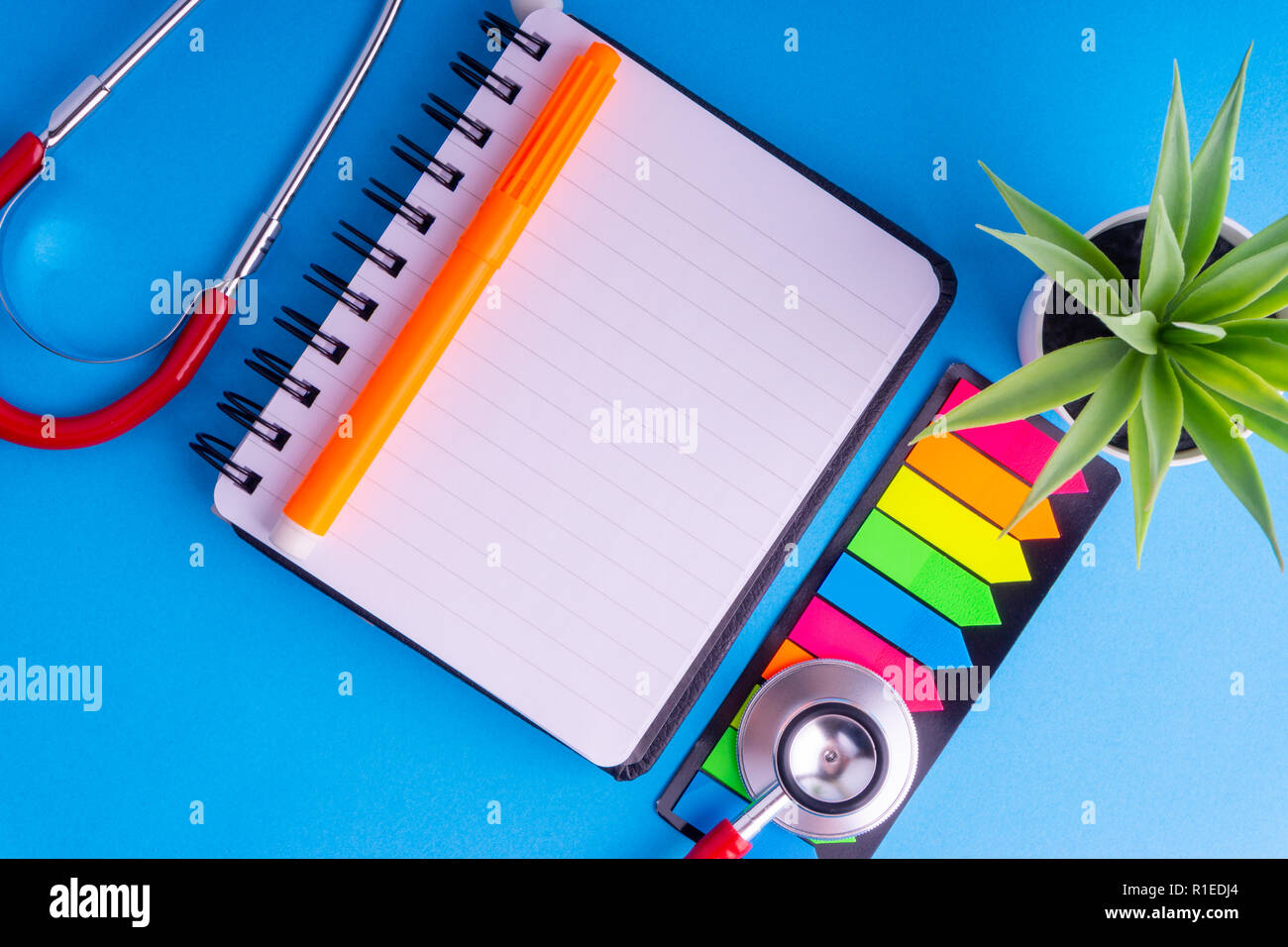 Stethoscope, sticky notes, notepad or notebook, pen and vase on blue ...