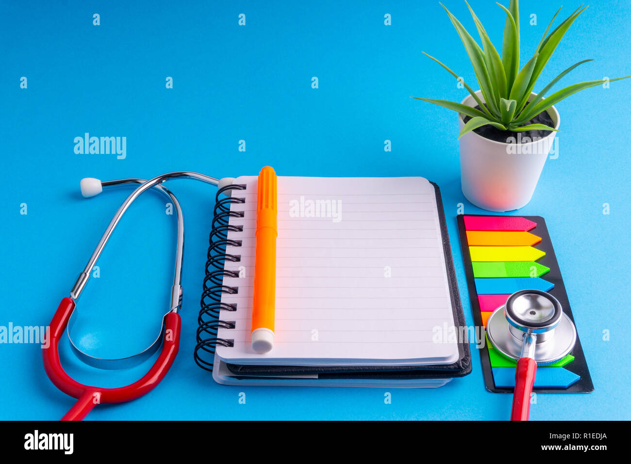 Stethoscope, sticky notes, notepad or notebook, pen and vase on blue ...