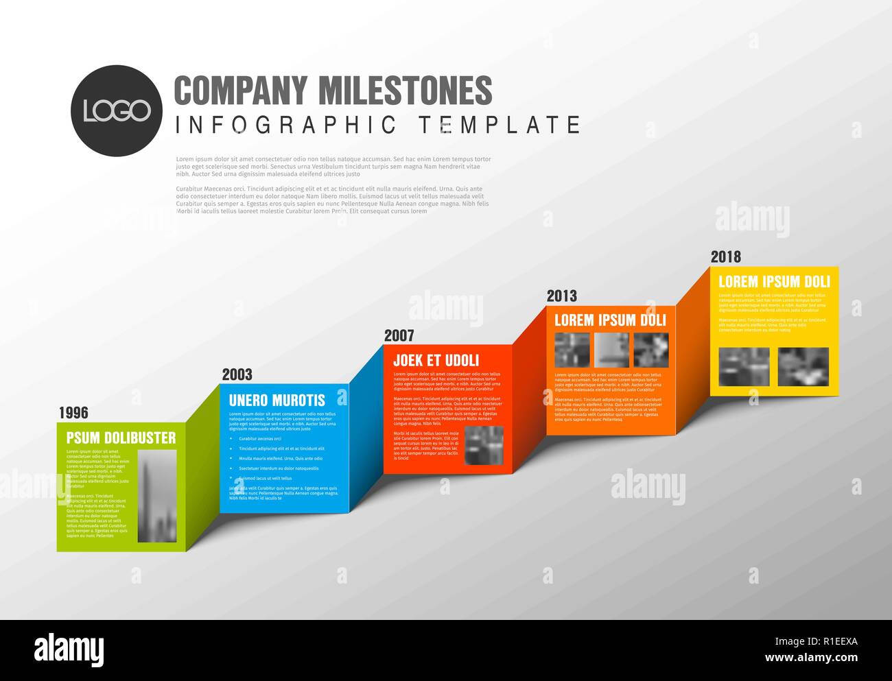 Color blocks timeline template with sample photos and text content made ...