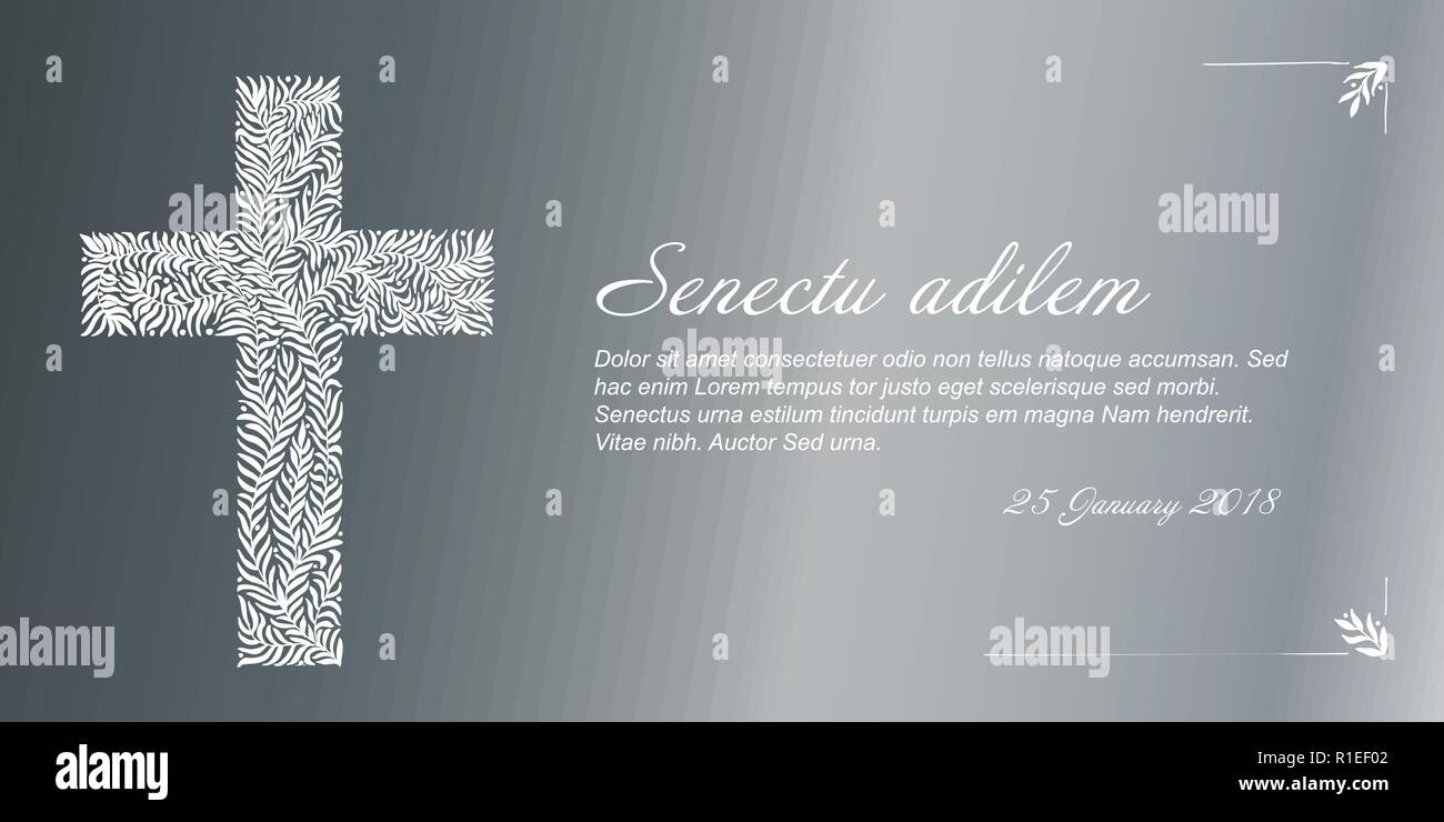 Funeral card template with golden cross made from leafs on silver ...