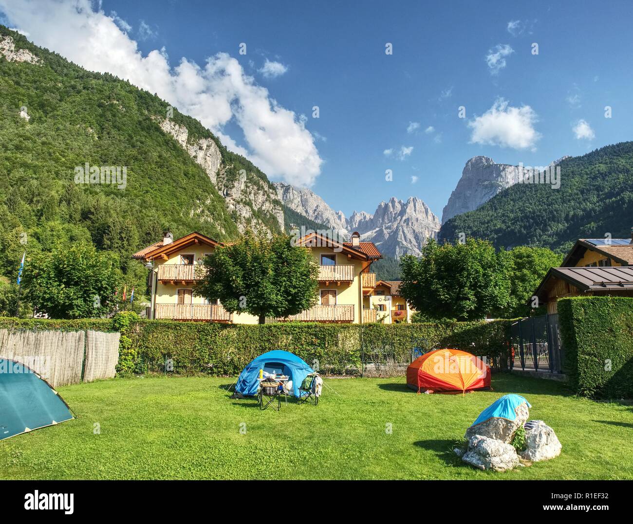 Camping within summer holiday. Trekking tents in touristic camp in ...