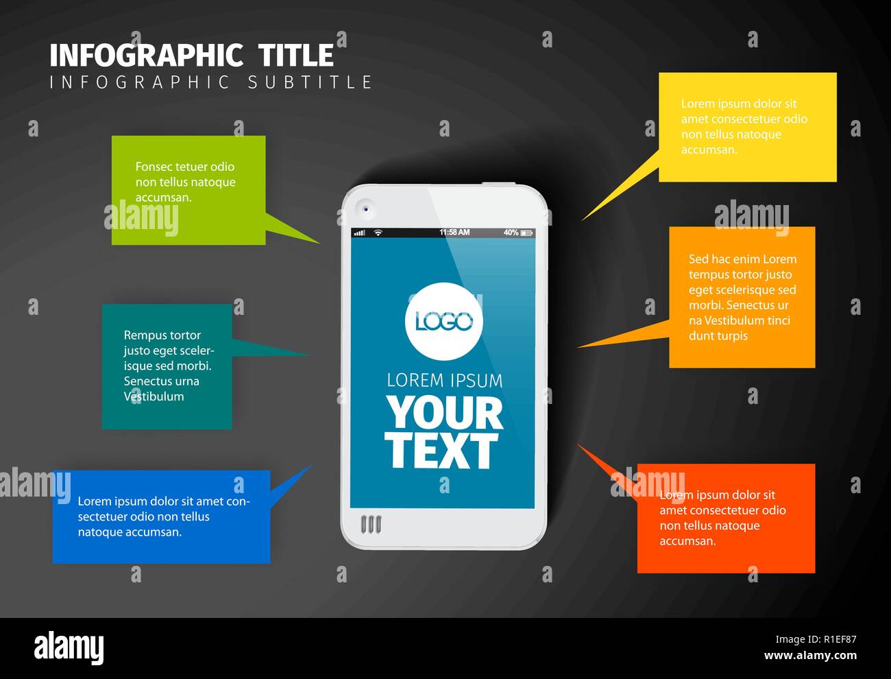 Vector smart phone infographic template with colorful speech content ...