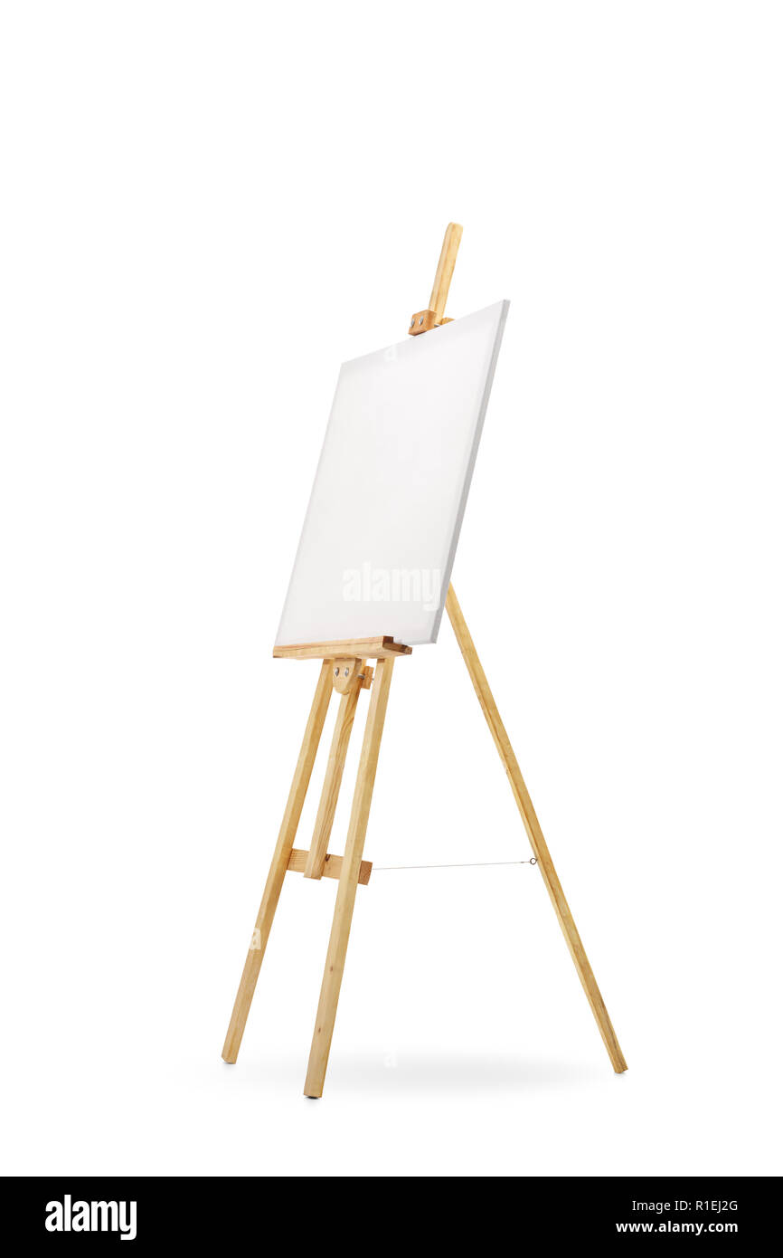 Canvas on a wooden easel isolated on white background Stock Photo - Alamy