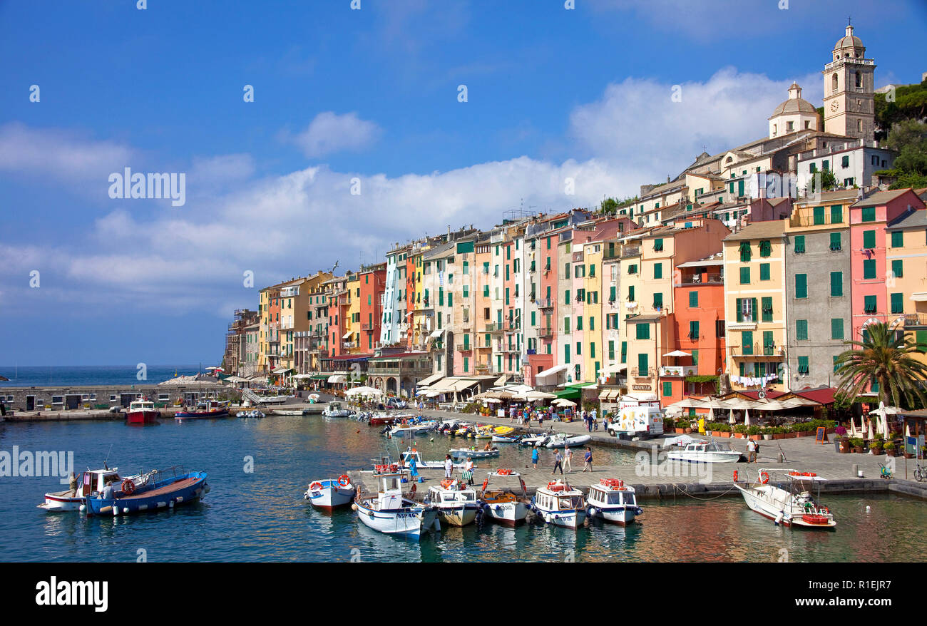 Colourful row of houses at the harbour of Portovenere, province La ...