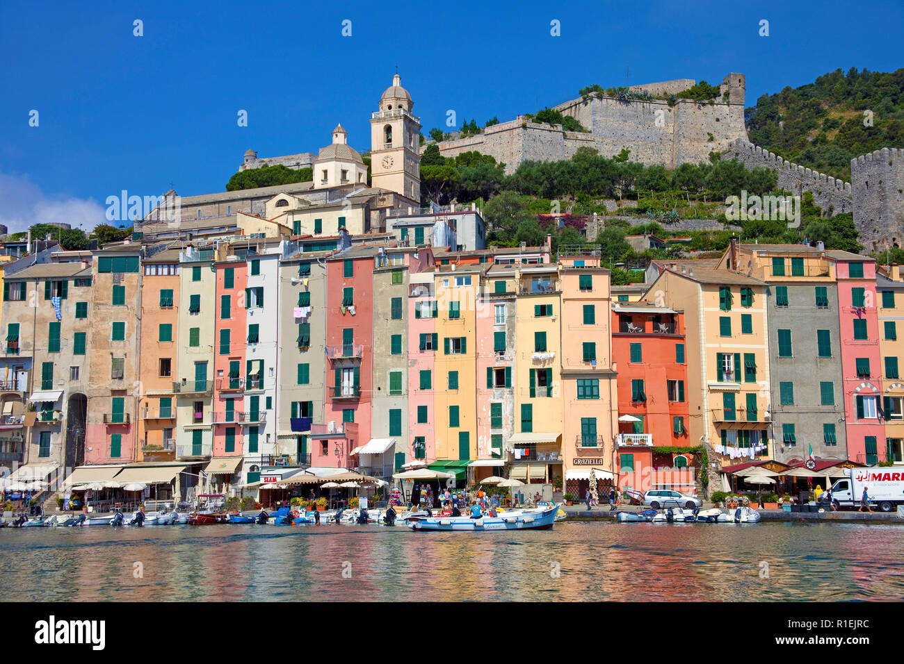 Colourful row of houses at the harbour of Portovenere, province La ...