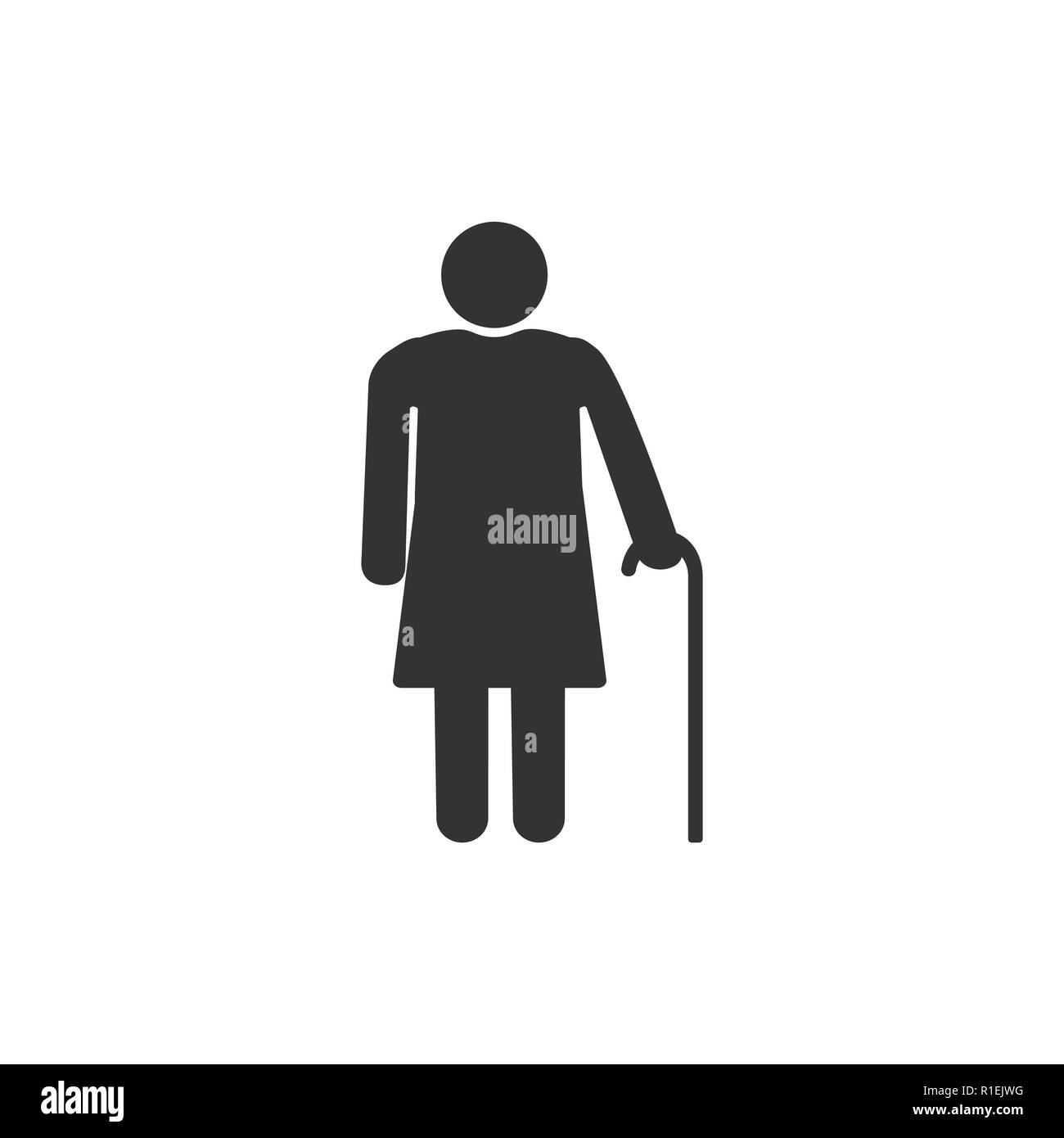 Old Woman With A Cane Grey On White Background Flat Design Vector