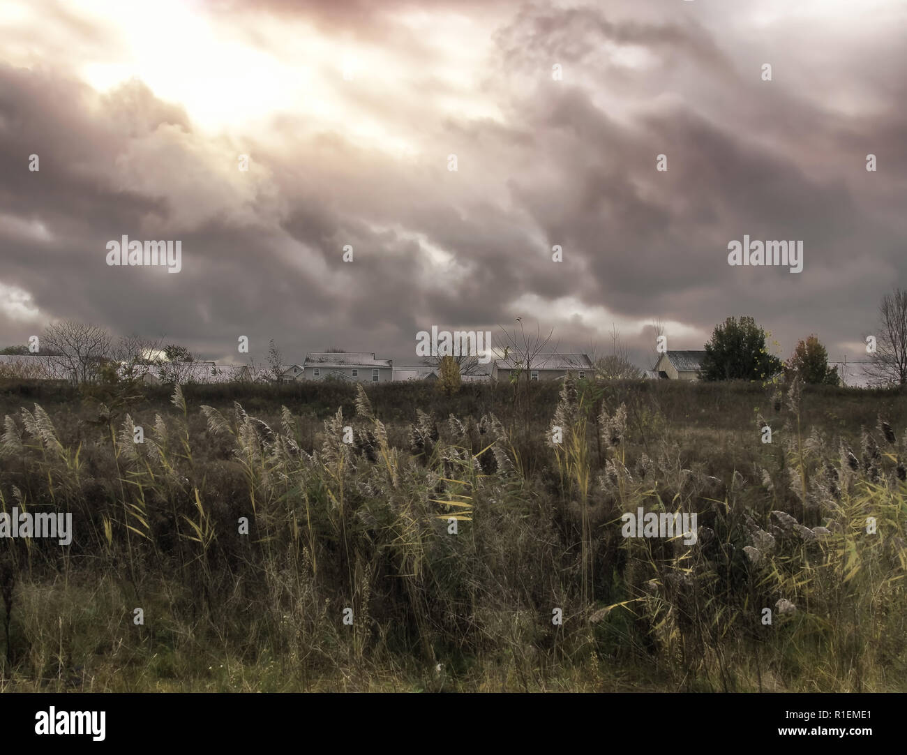 Overcast skies over a field and suburban neighborhood Stock Photo - Alamy