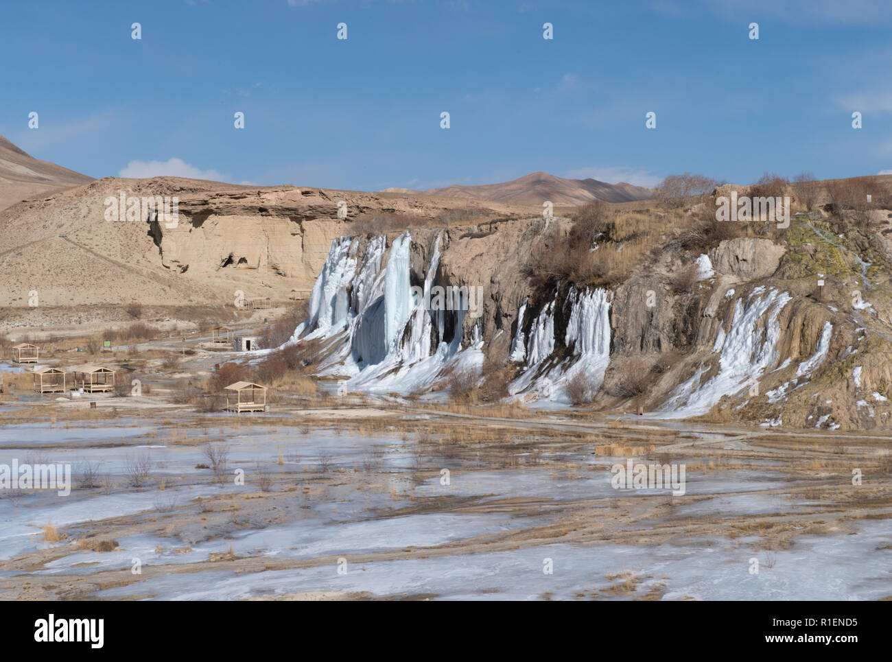 Frozen Waterfall Overflowing Natural Dam Made Of Travertine, Band-e ...