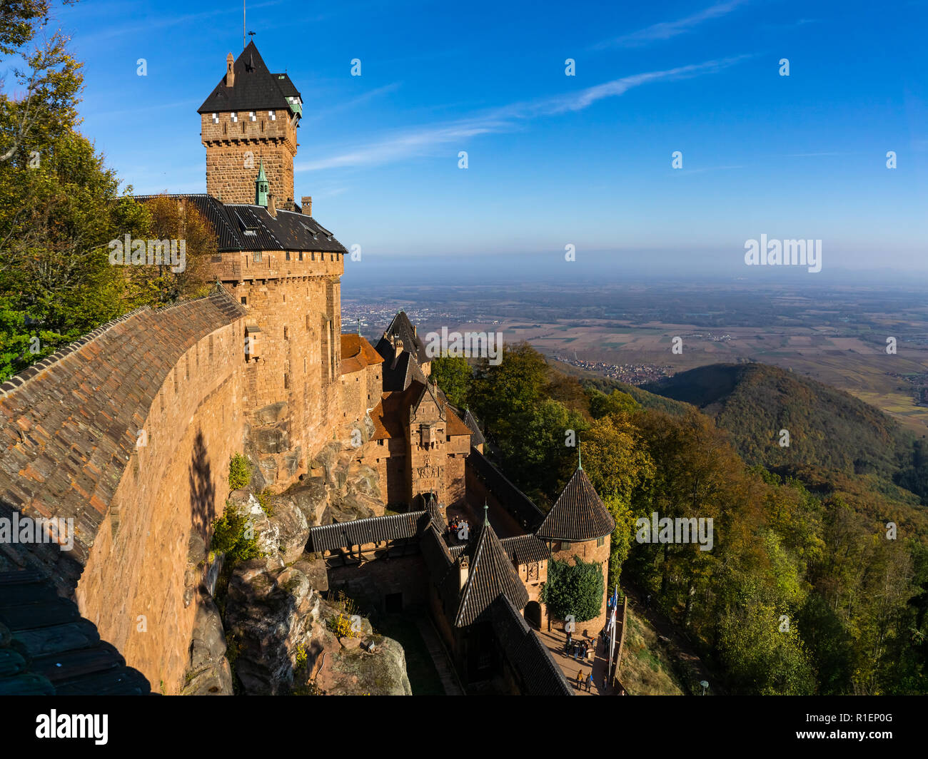Haut-Koenigsbourg castle overlooking the plain of Alsace on a sunny day ...