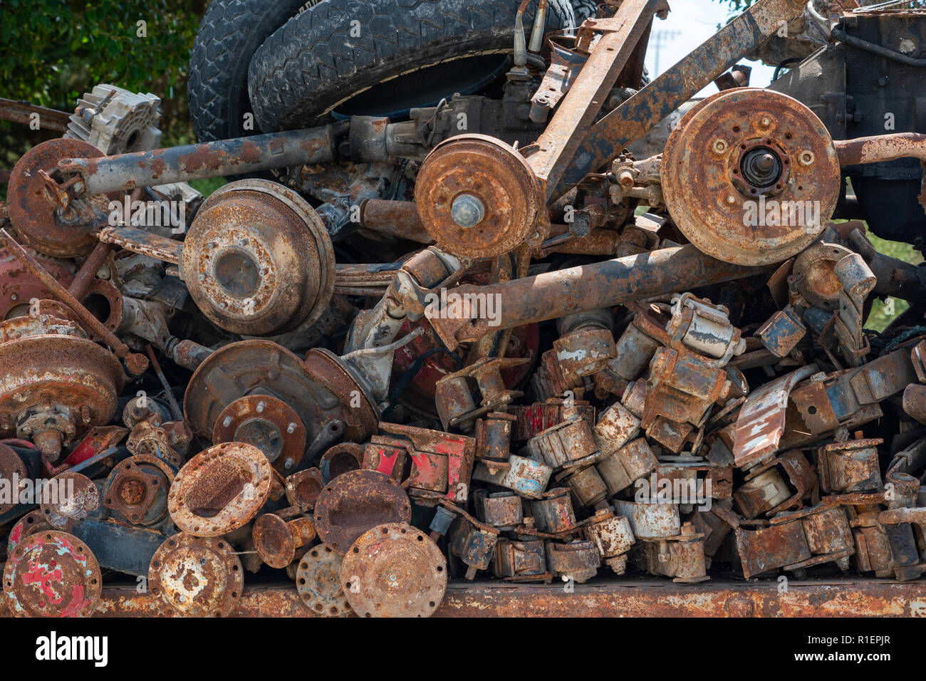 Rusted Old Axles, Spare Parts of vehicle, selective focus. Background ...