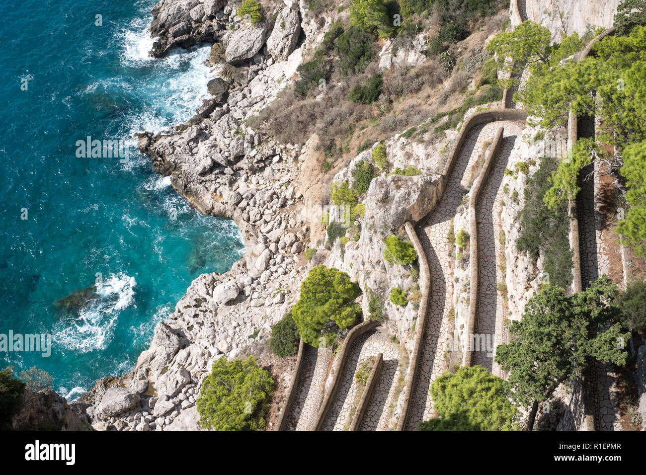 View of Via Krupp switchback pathway and the coastline from the Gardens ...