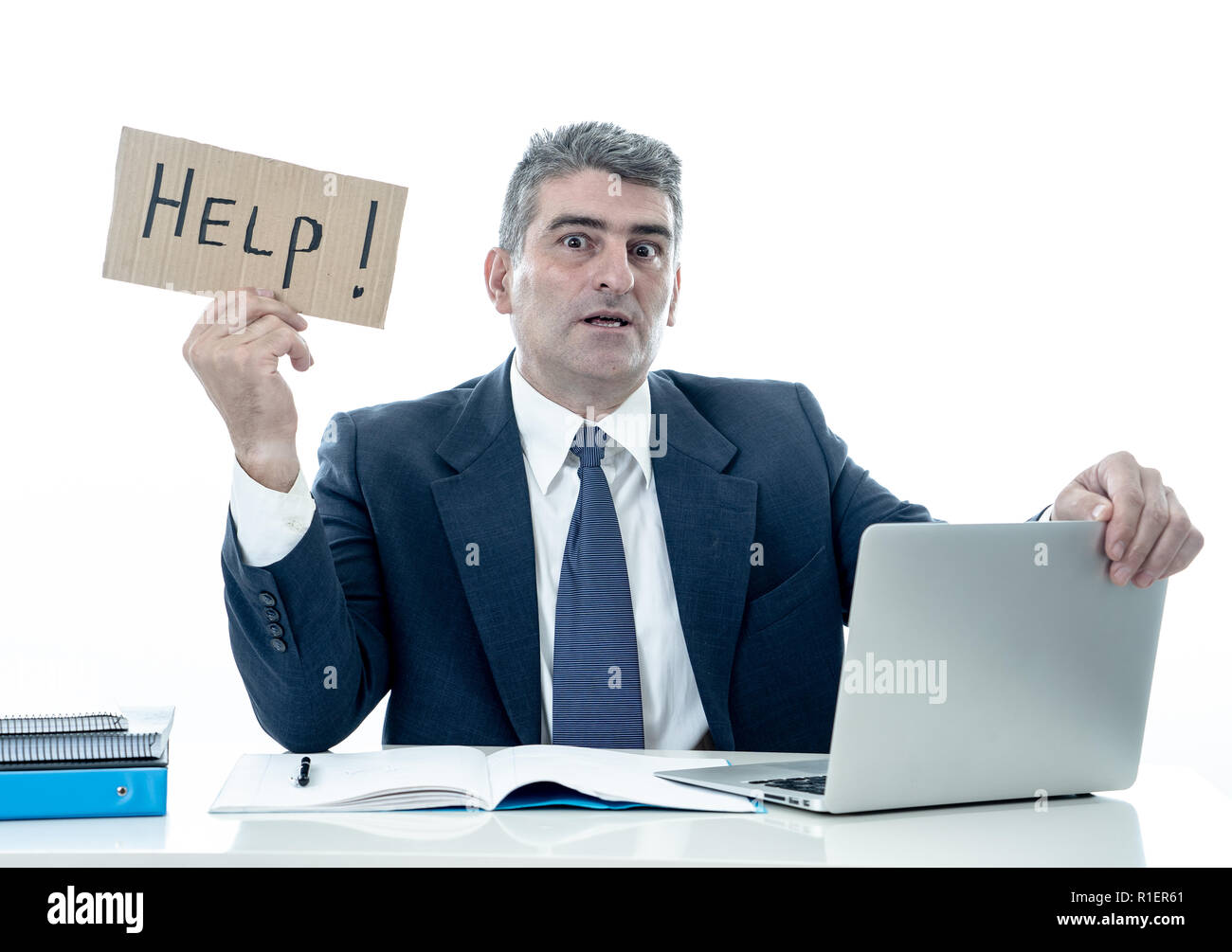 Mature desperate businessman suffering stress working at computer desk ...
