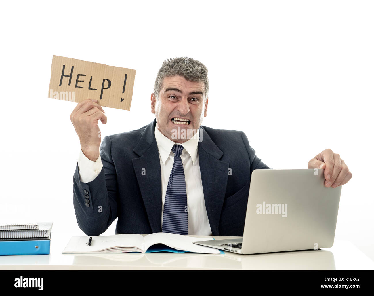 Mature desperate businessman suffering stress working at computer desk ...