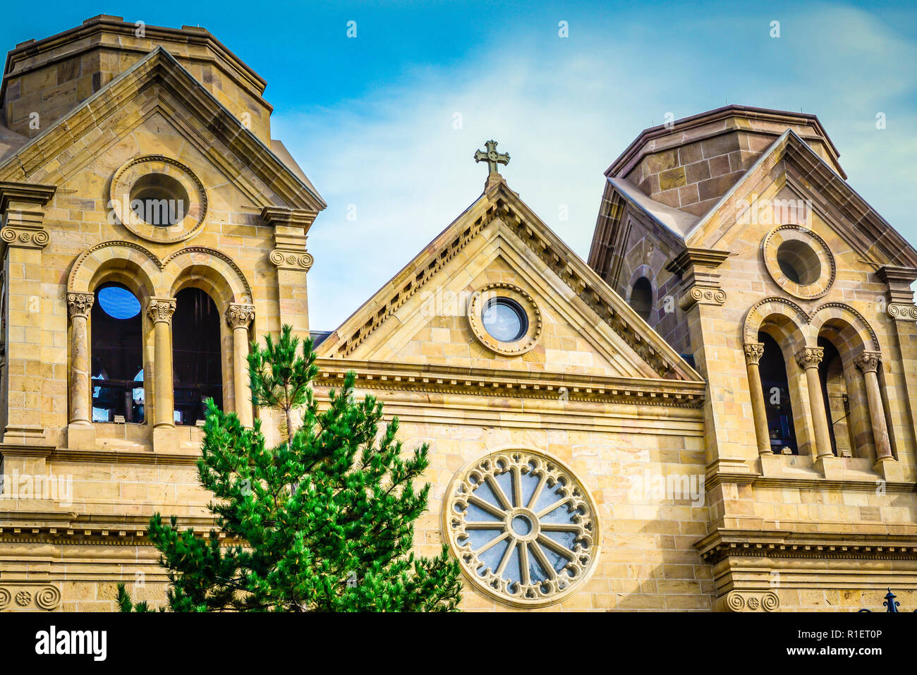 A close view of The mother church of the Archdiocese of Santa Fe, the ...