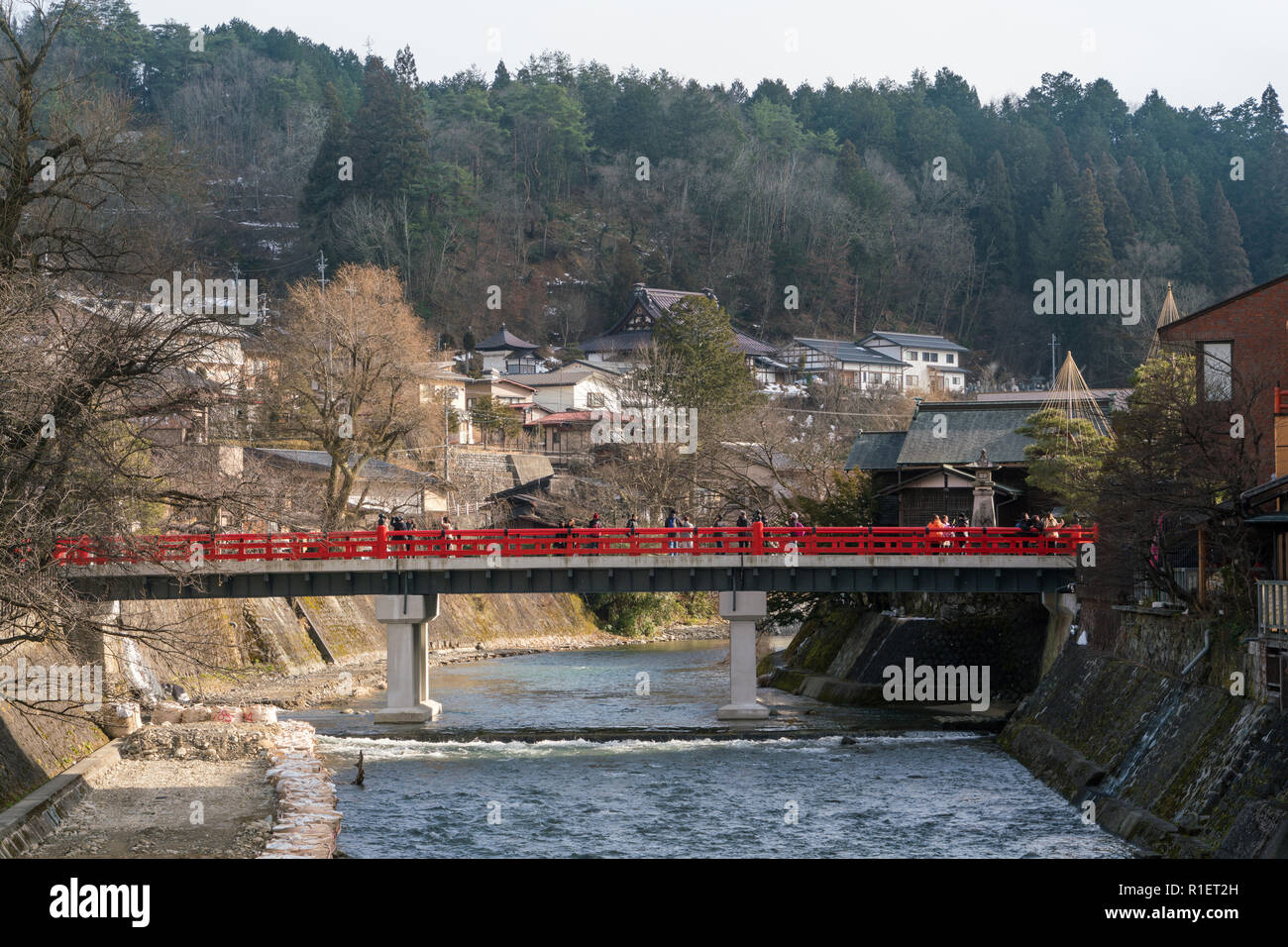 Takayama, Japan - Fubruary 21, 2016: Red Nakabashi Bridge across ...