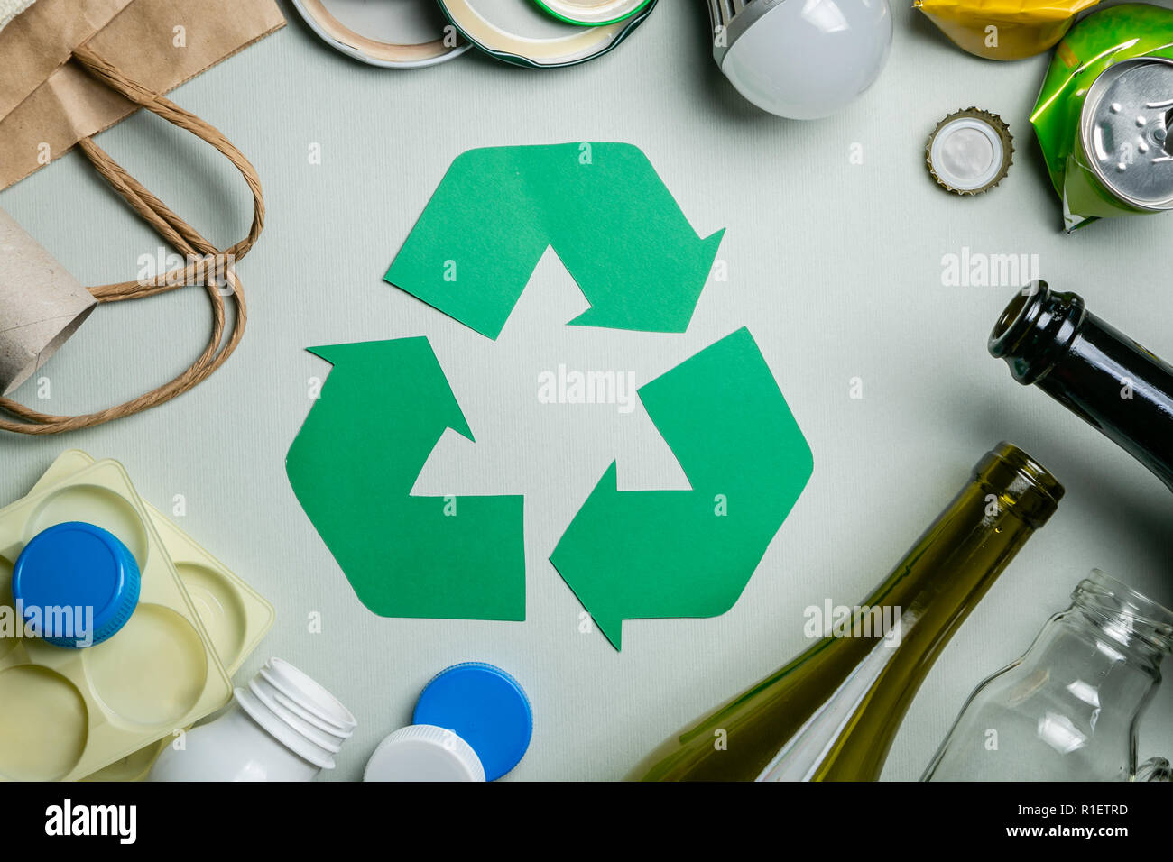 Recycling concept - recyclable materials with symbol Stock Photo - Alamy