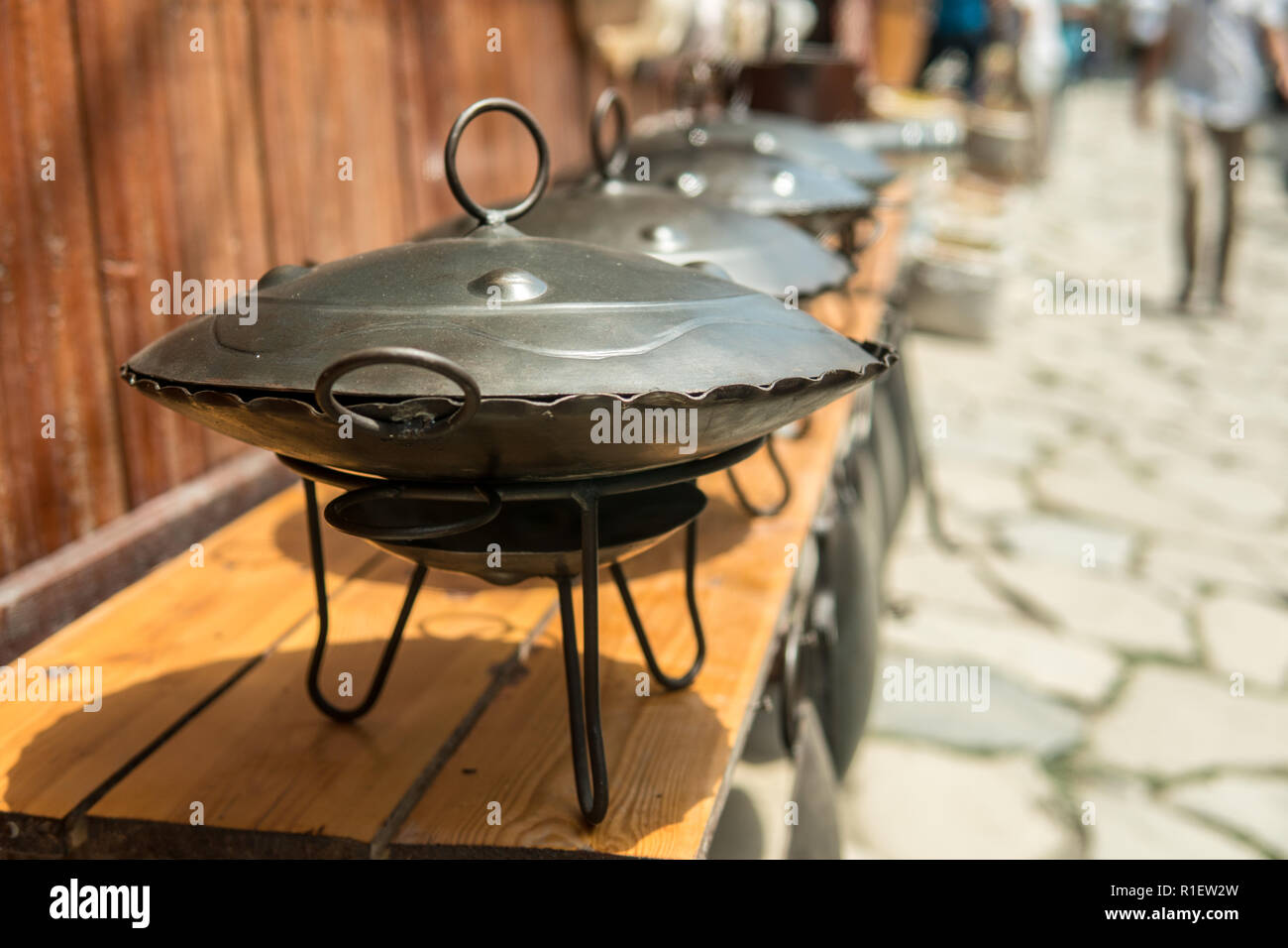 Eastern Saj pots for barbacue or kebap for sale at the market Stock ...