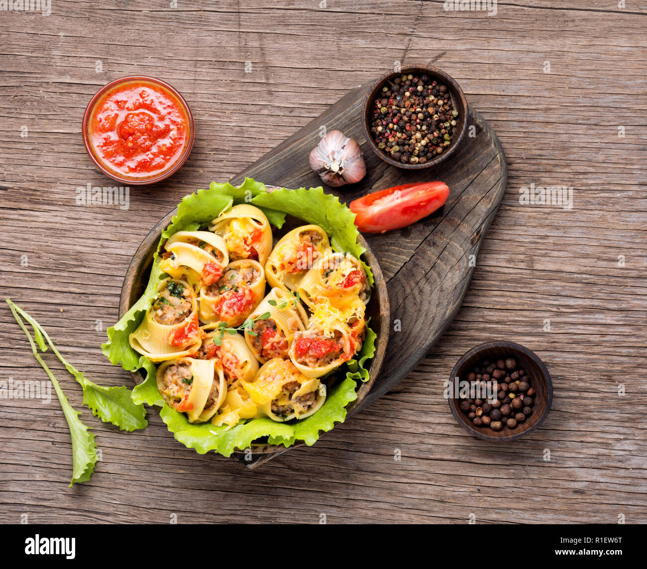 Italian foods concept.Italian style stuffed pasta shells with meat ...