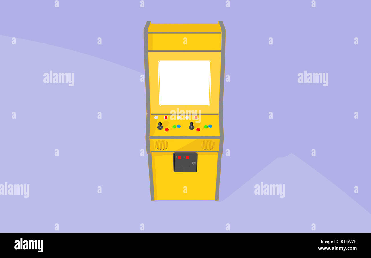 A vintage yellow unbranded arcade machine with a blank screen on a ...