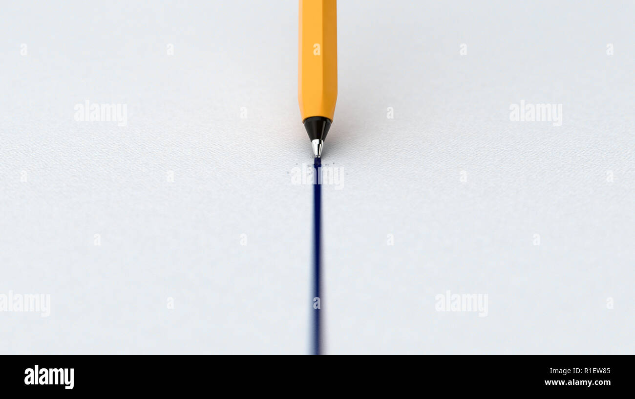 A closeup view of a regular ball point pen drawing a straight ink line ...