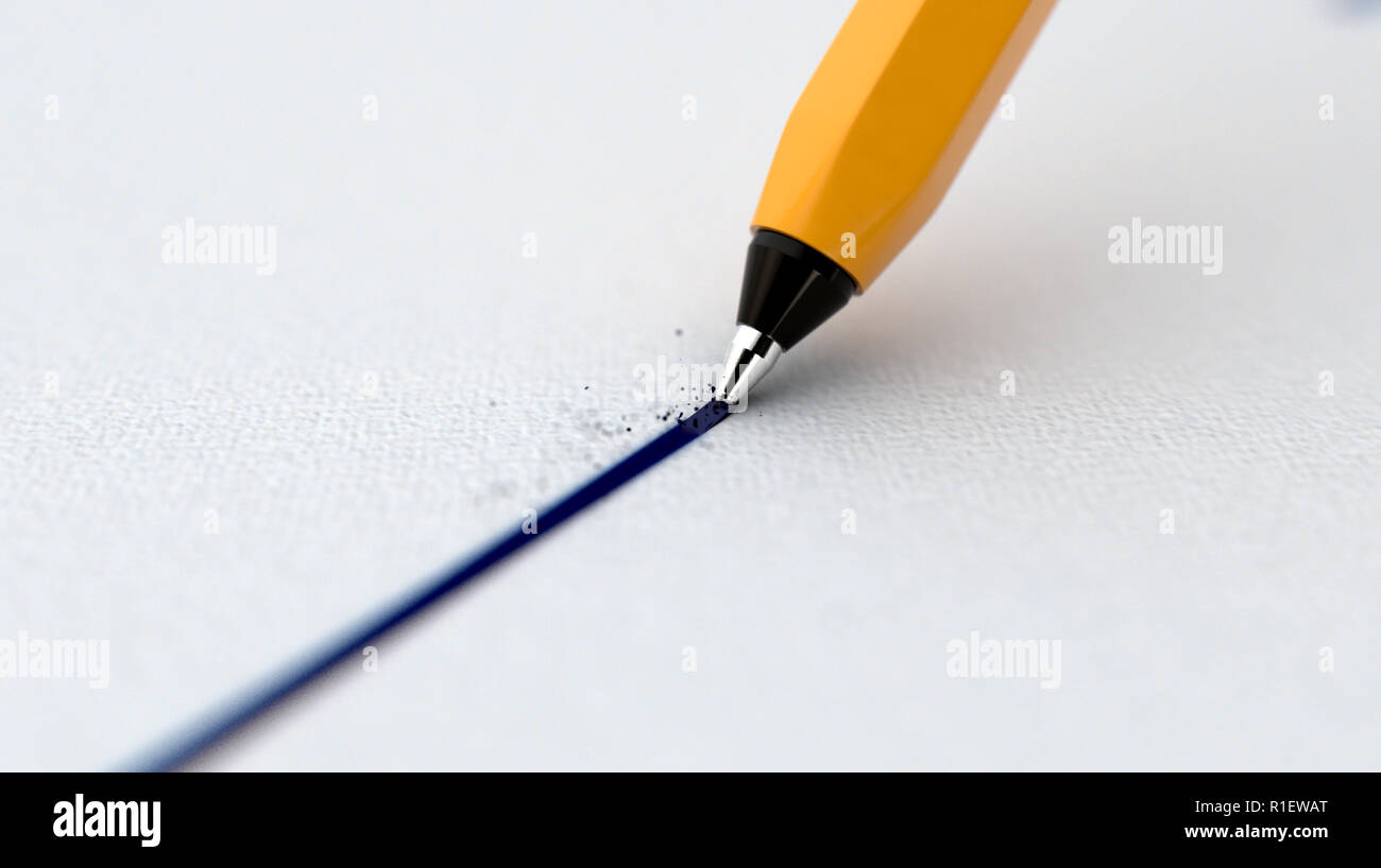 A closeup view of a regular ball point pen drawing a straight ink line ...