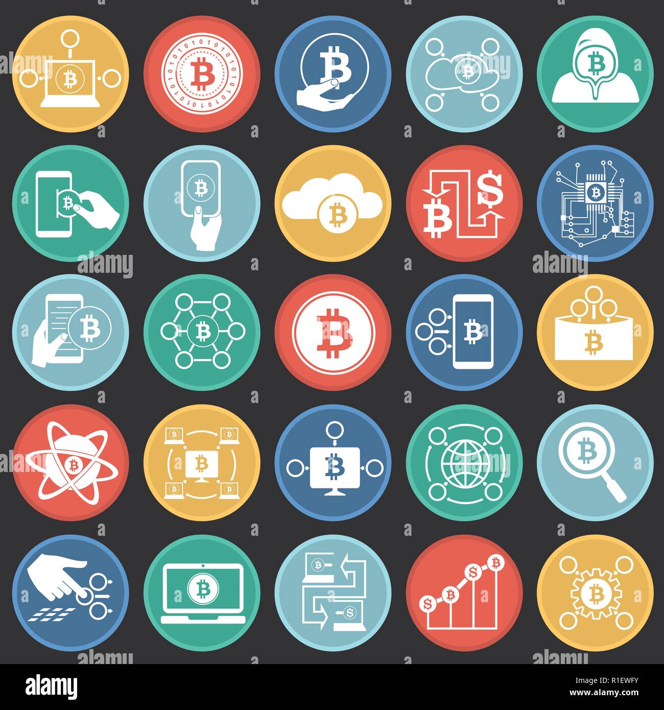 Bitcoin and crypto currency set on color circles black background Stock ...