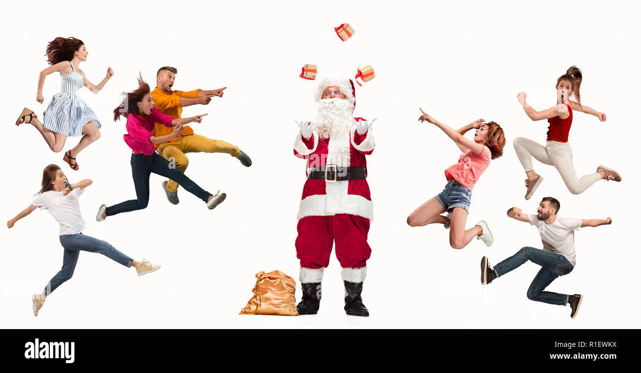 Happy running Christmas people over white background. Full length of ...
