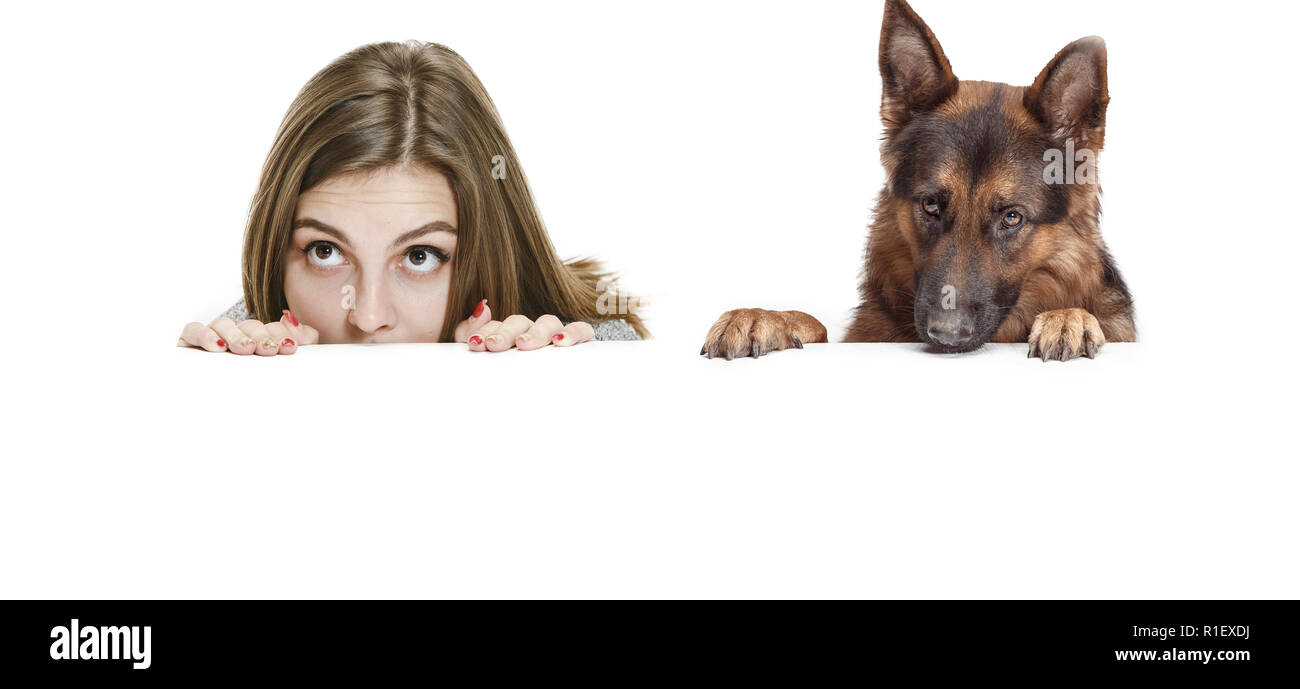The sad serious woman and her dog over white background. Shetland ...
