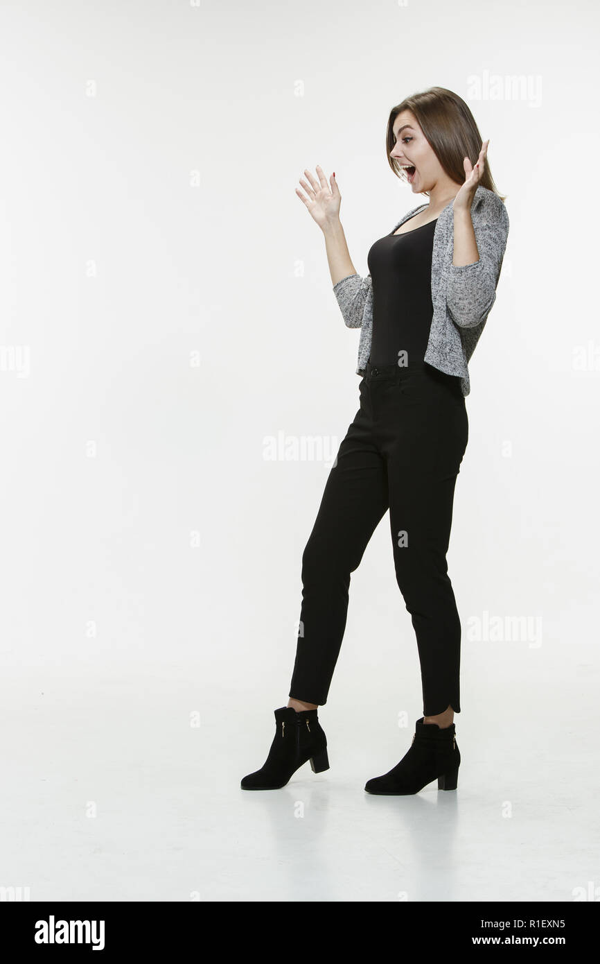 Delight. Beautiful female portrait isolated on white studio backgroud ...