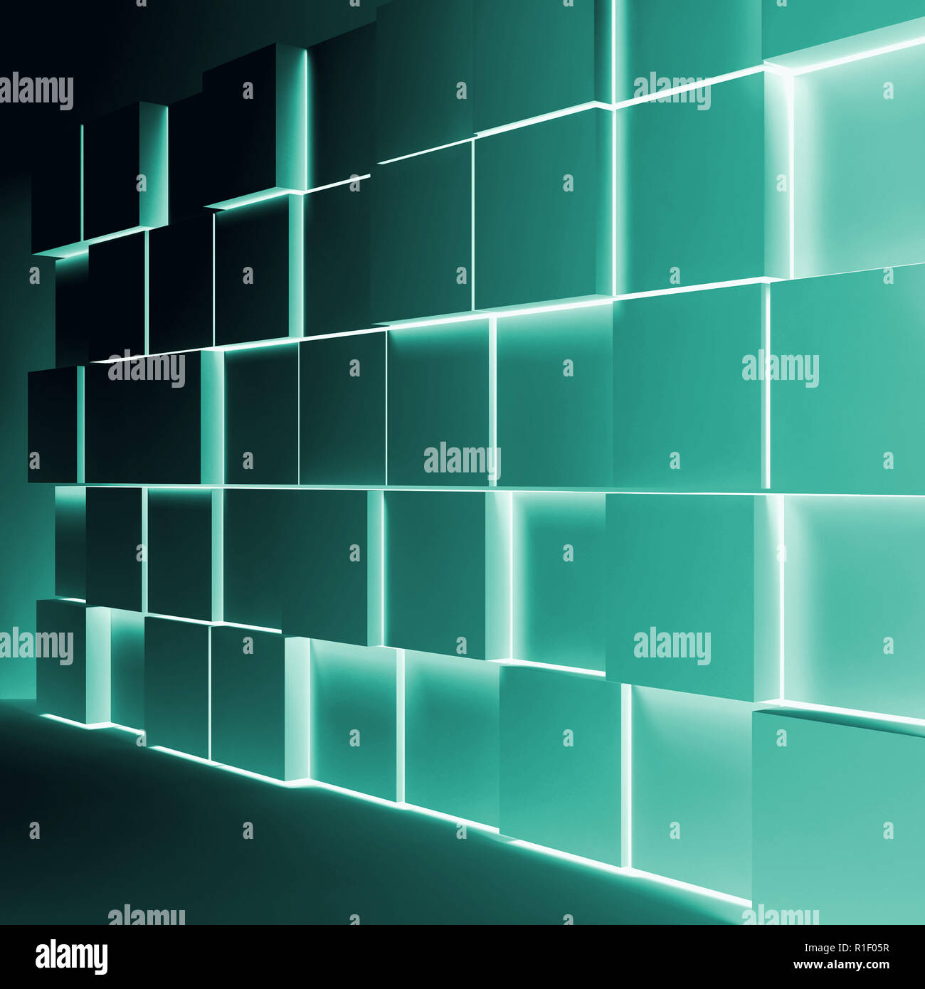 Abstract square background with green glowing cubes installation. 3d ...