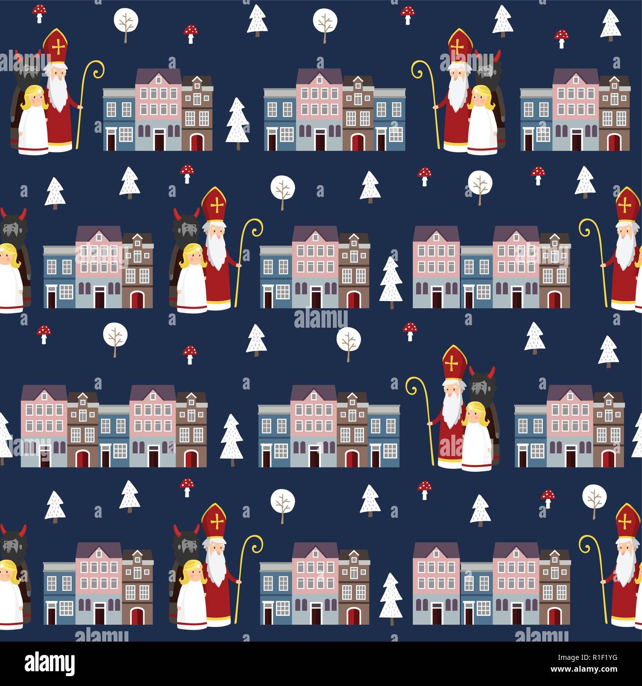 Cute winter seamless fabric pattern with St. Nicholas, angel, devil and ...