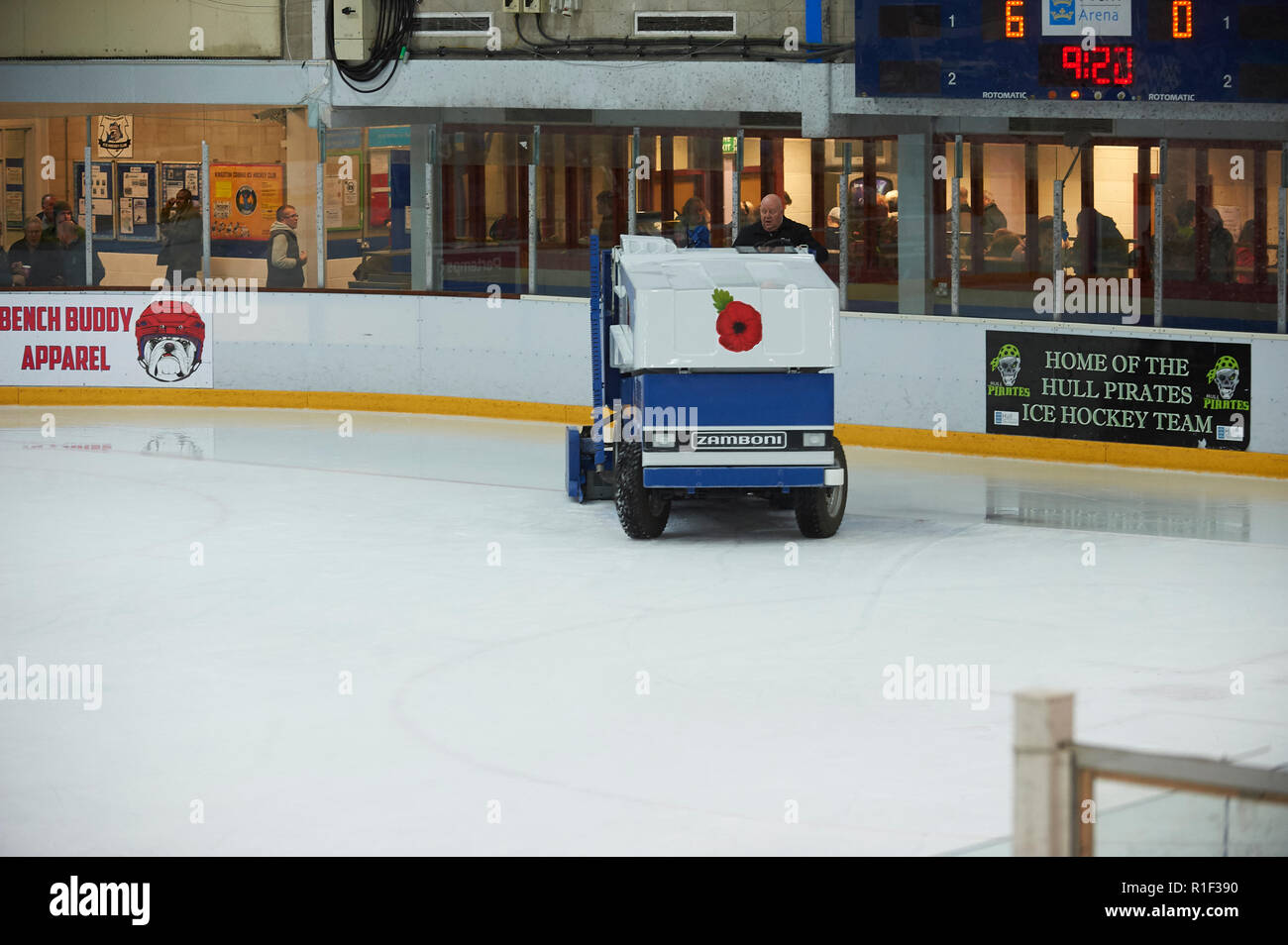 Zamboni Ice machine repairing rutted ice from hockey game at the Hull ...