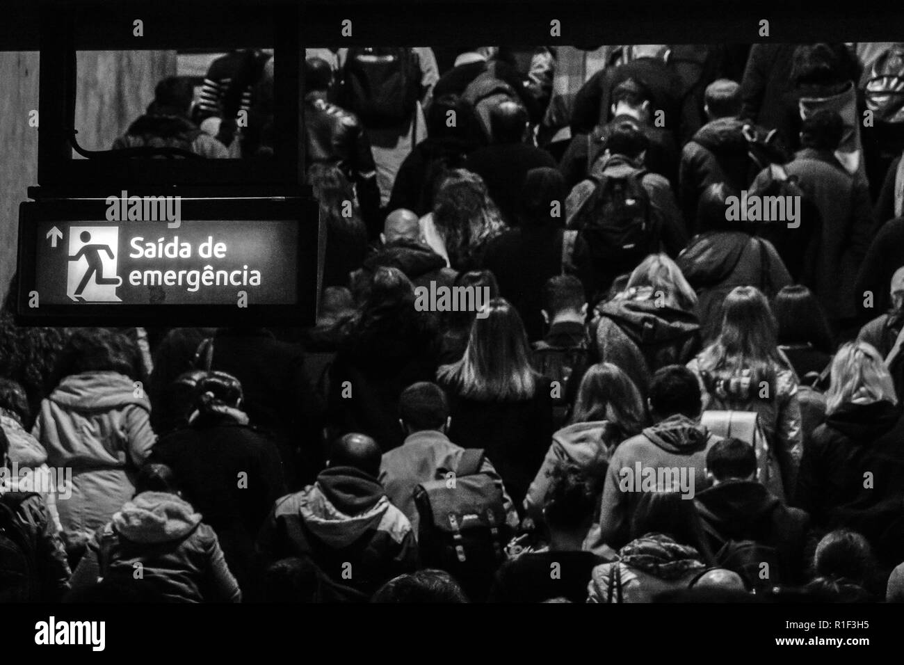 Commuters exit the underground Rossio Station on the Green Line of the ...