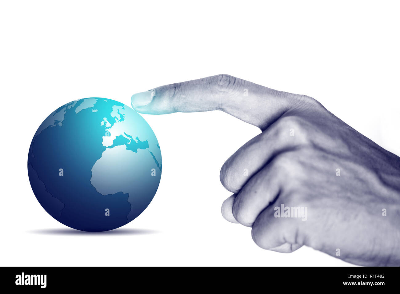 Hand touching the world for global communication, business and ...