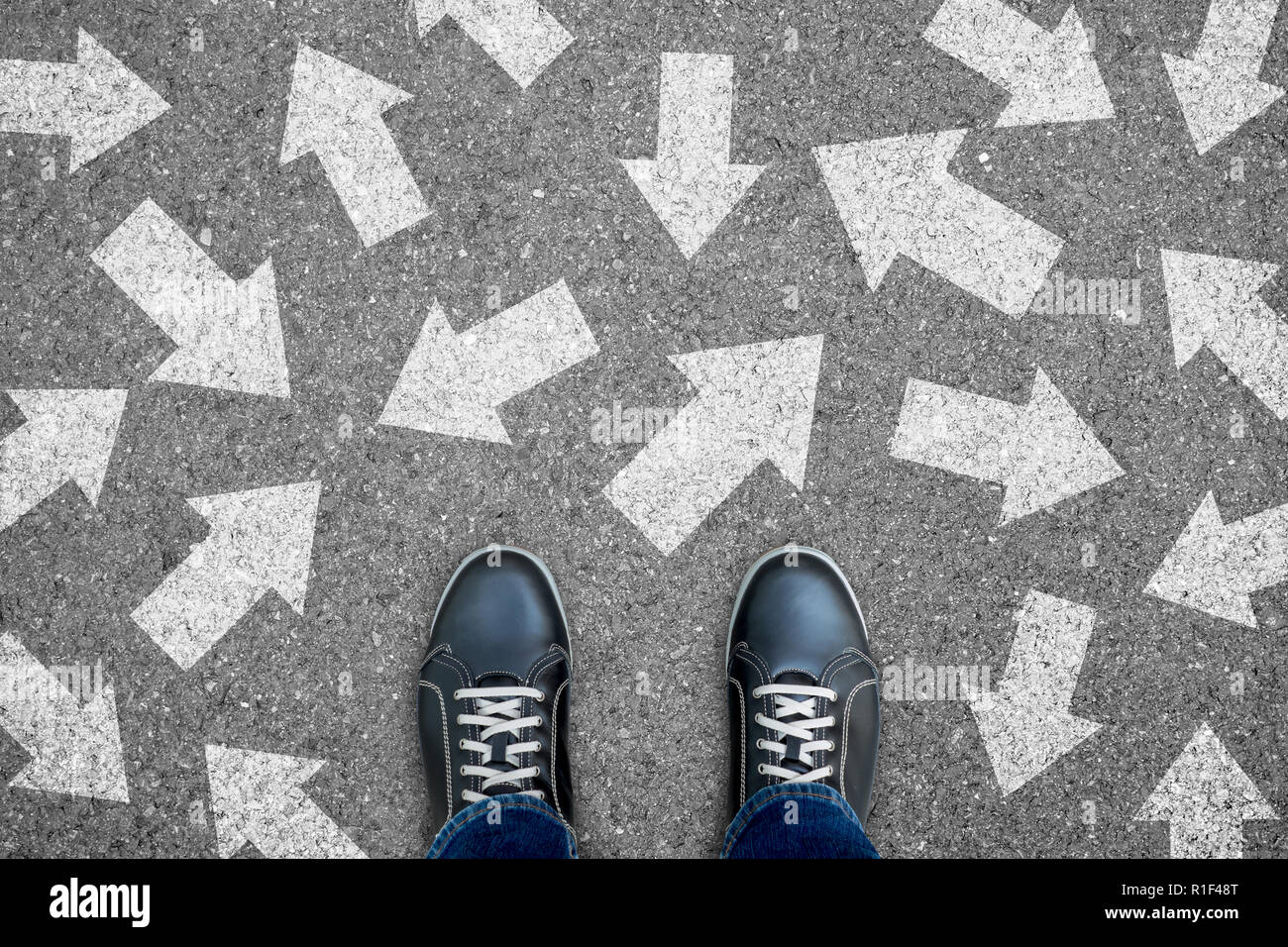 One standing on the road to future life with many direction sign point ...