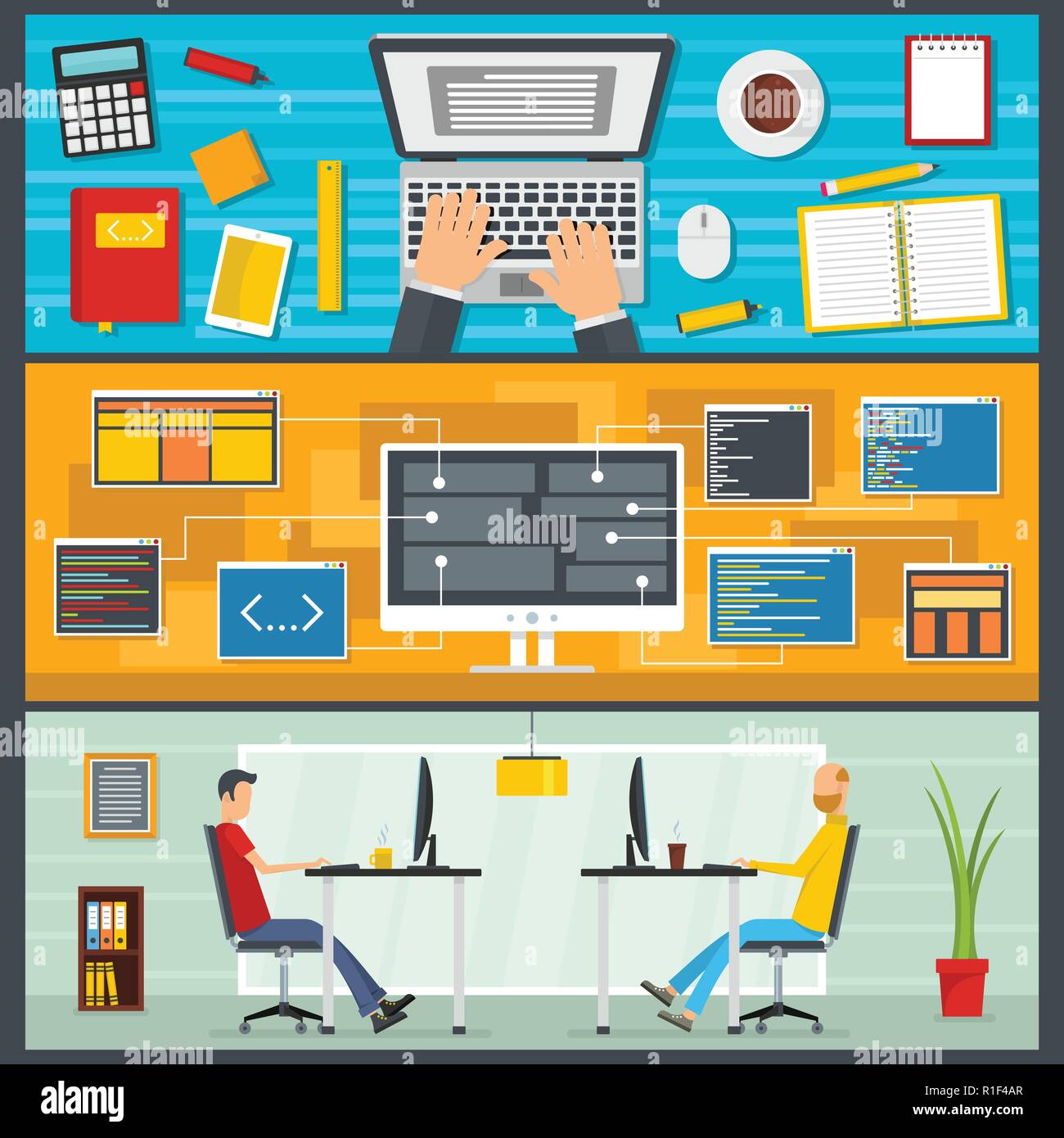 Development website communication system banner horizontal concept set ...