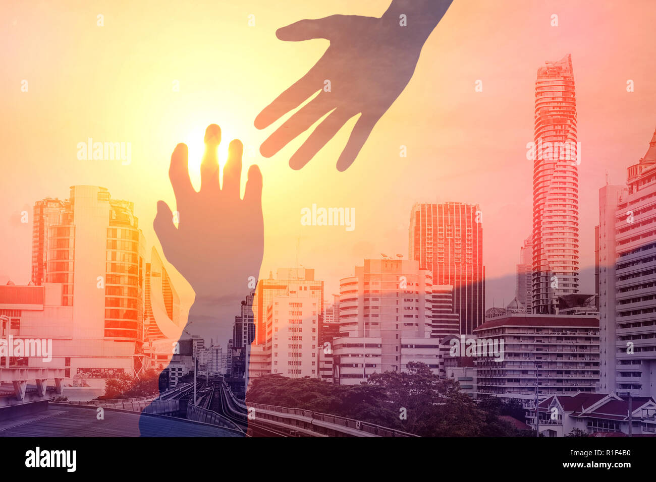 Helping hands concept. Silhouette of hands help and hope and support ...