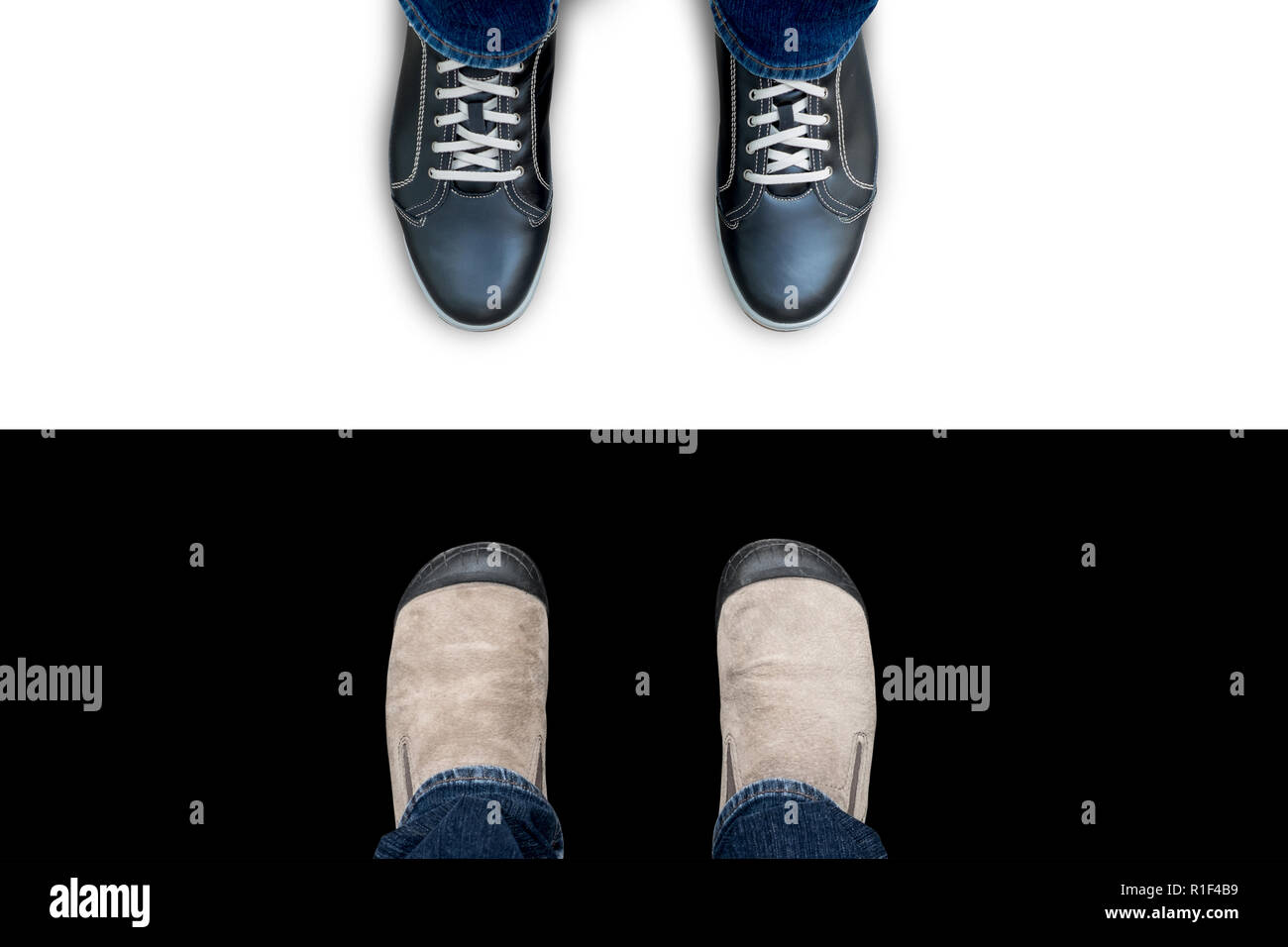 Two men standing on opposite side concept. One on dark side, another on ...