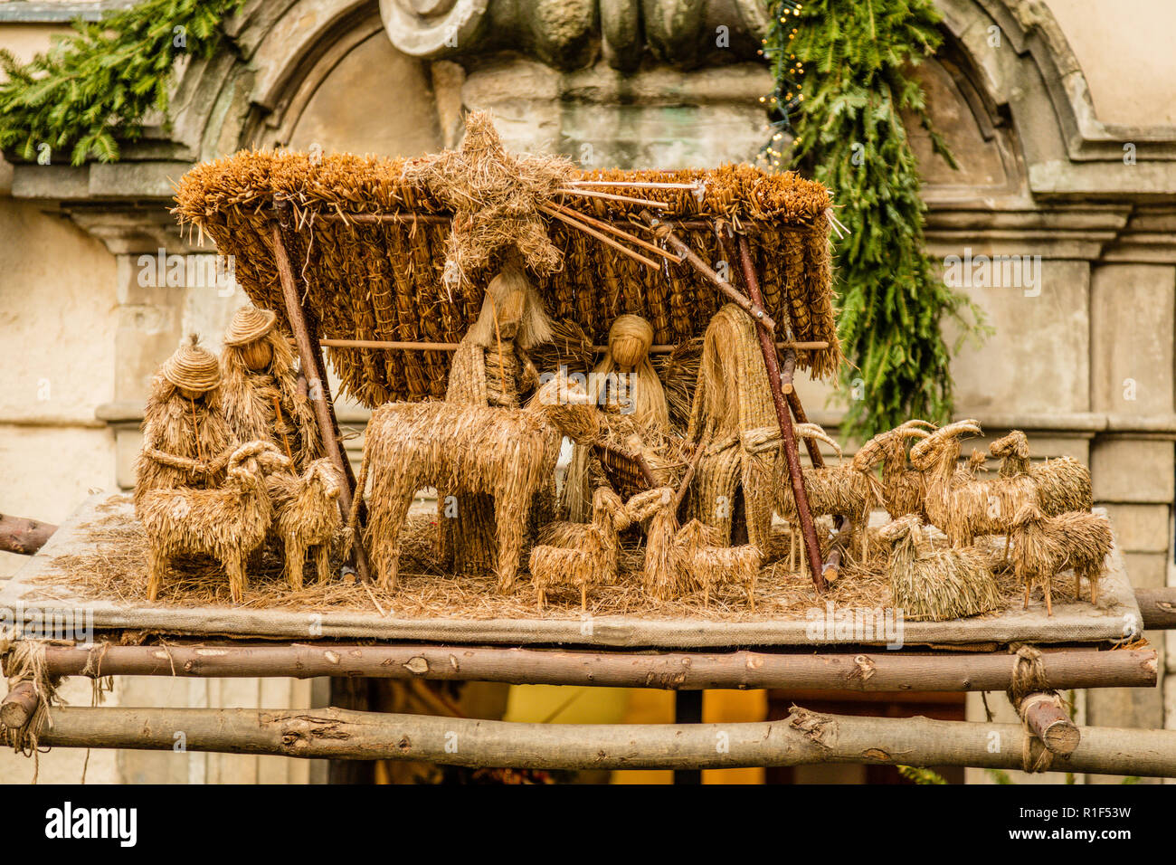 Street Christmas Nativity scene made of straw, Prague, Czech Republic ...