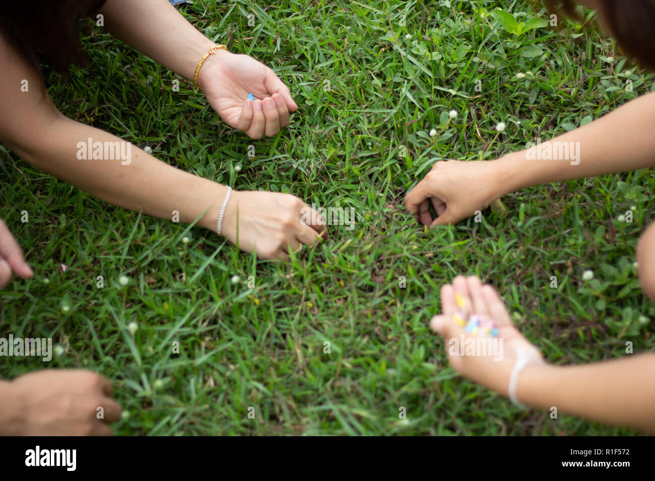 Woman's Hand picking up pieces of paper in garden, hand holding piece ...