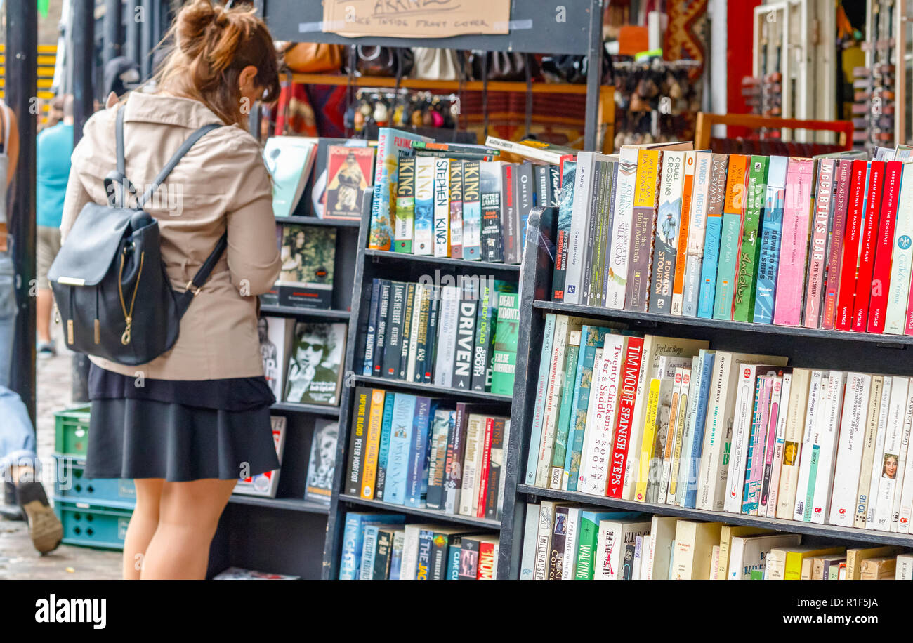 London, UK - September 1, 2018 - Shelves of used books on display at a ...