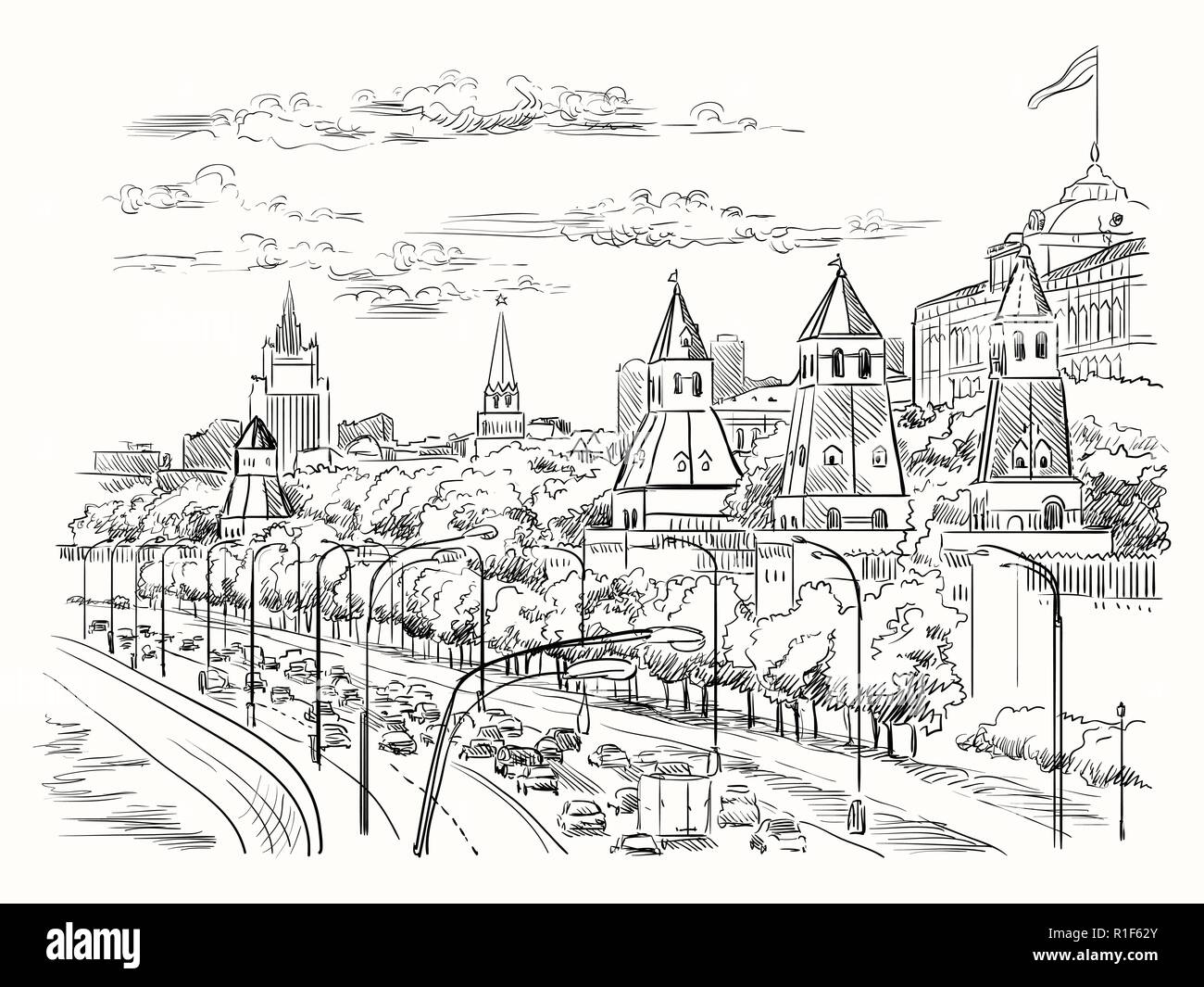 Cityscape of embankment of Kremlin towers and Moscow river (Red Square ...